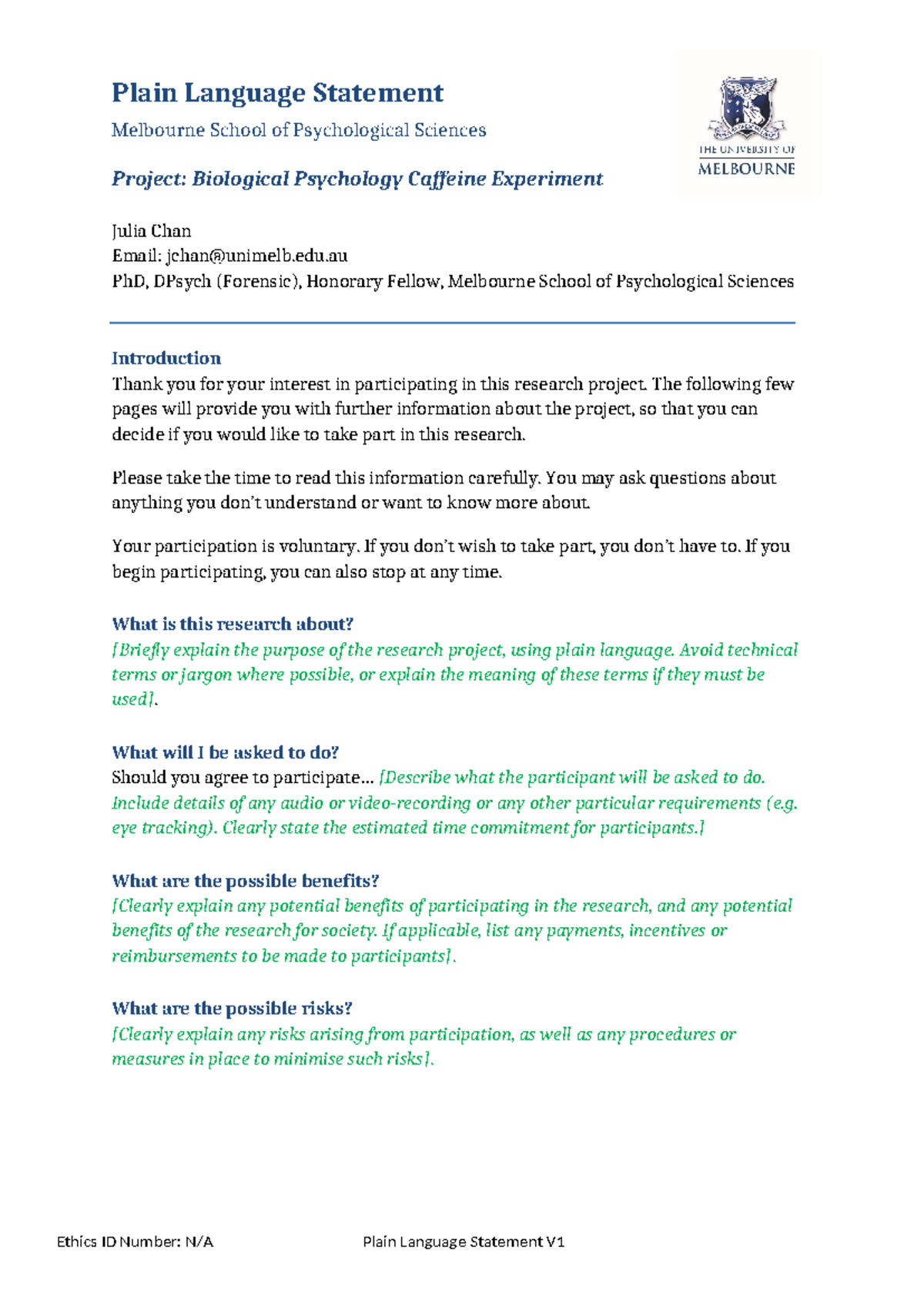 Biopsych PLS Template - Plain Language Statement Melbourne School of ...