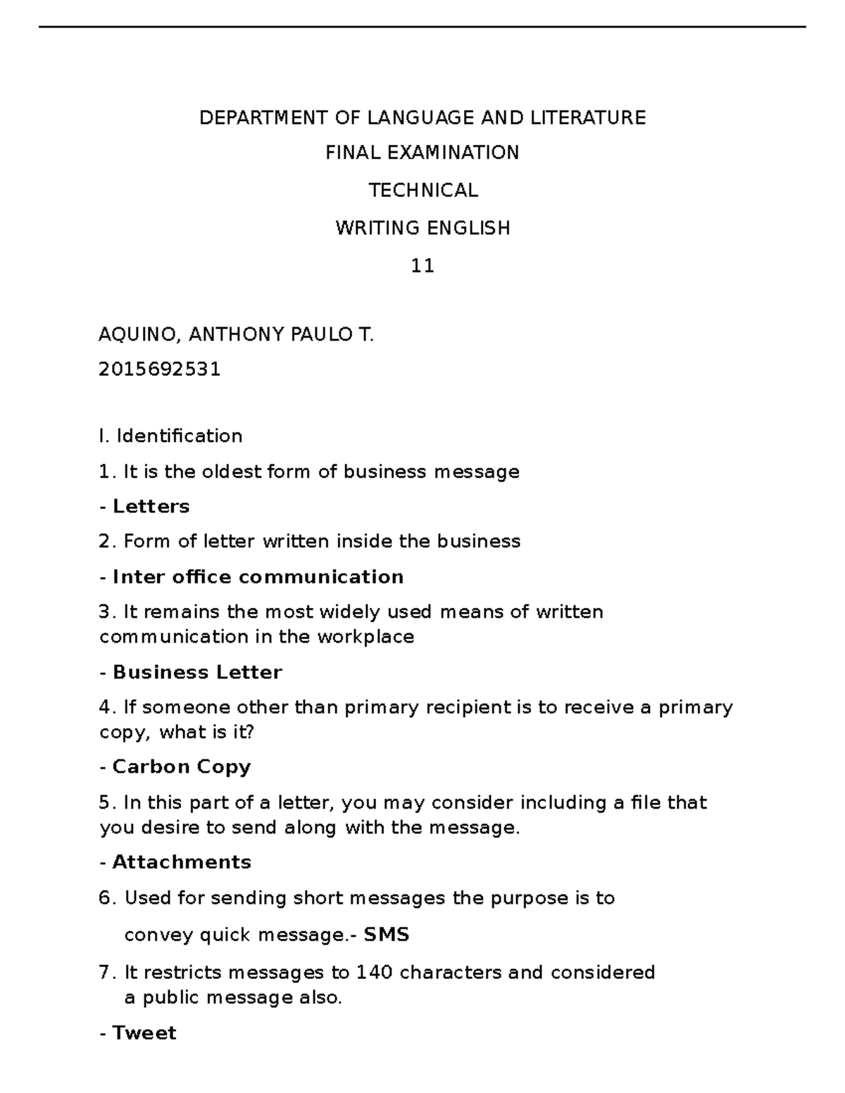 Technical Writing Finals 1st Semester - DEPARTMENT OF LANGUAGE AND ...