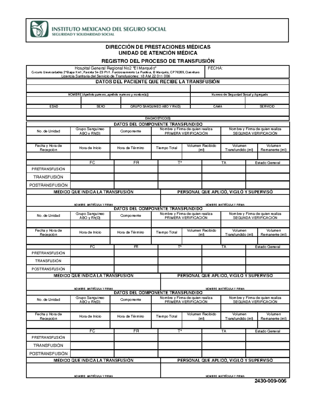 Registro del Proceso de Transfusión 2430-009-006 - DIRECCIÓN DE PRESTACIONES MÉDICAS UNIDAD DE ...