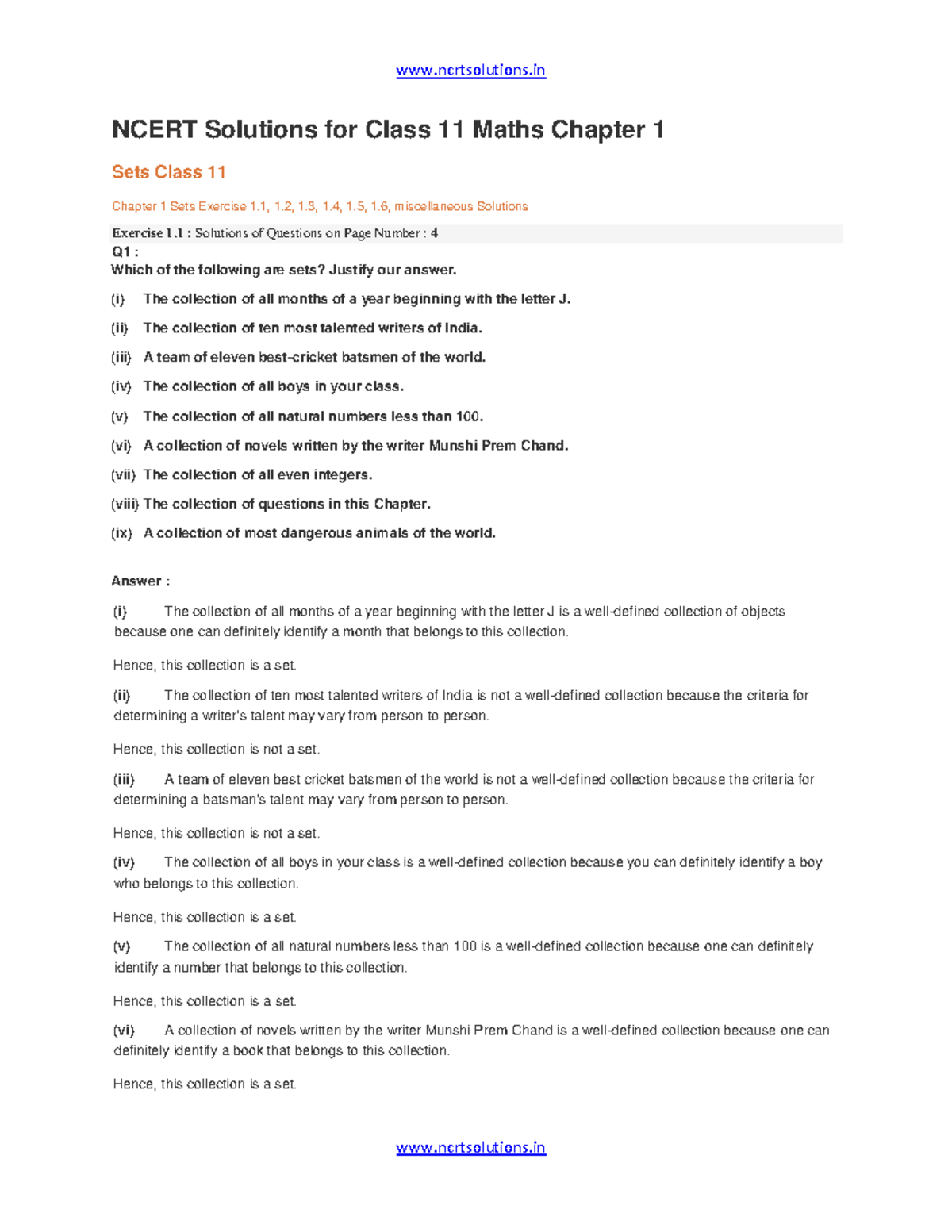 Maths Ch-01 Sets - NCERT Solutions for Class 11 Maths Chapter 1 Sets ...