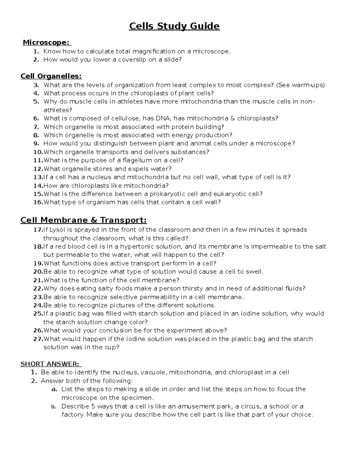 Cells Study Guide Fall 15 - Cells Study Guide Microscope: 1. Know how ...
