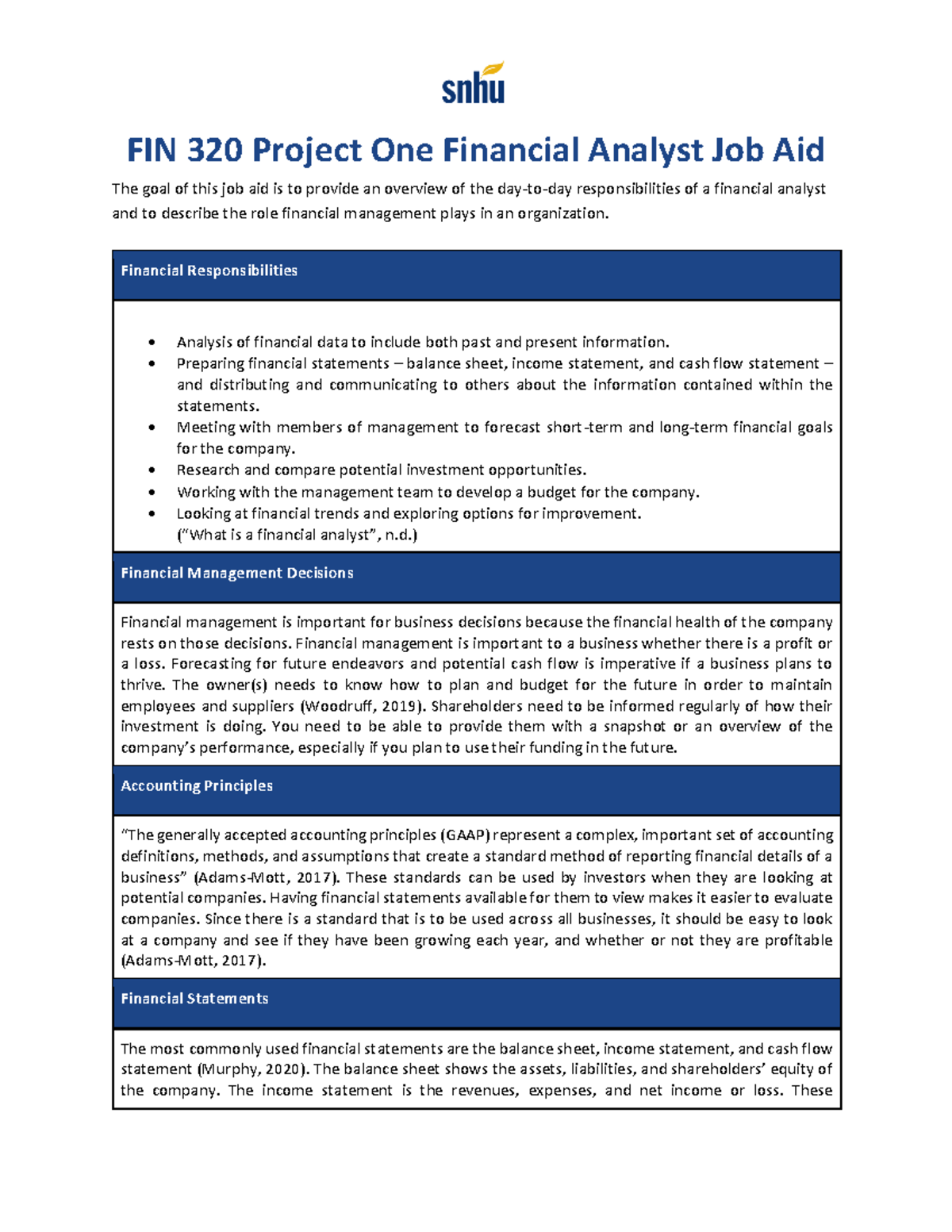 FIN 320 Project One Financial Analyst Job Aid - Financial ...
