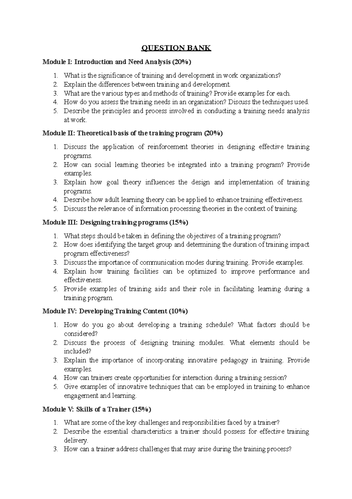 Question BANK - QUESTION BANK Module I: Introduction and Need Analysis ...