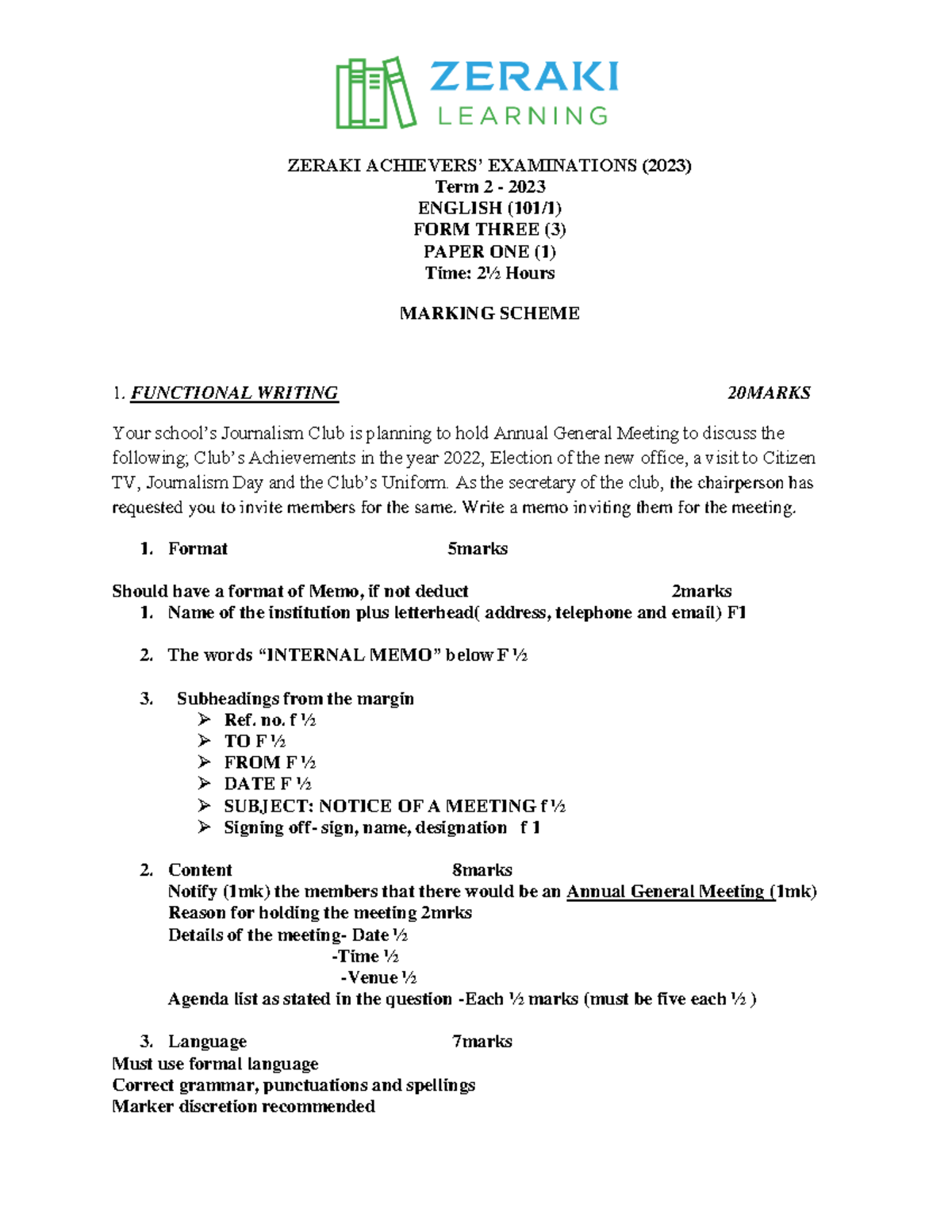 Paper 1 - Marking scheme - ZERAKI ACHIEVERS’ EXAMINATIONS (2023) Term 2 ...
