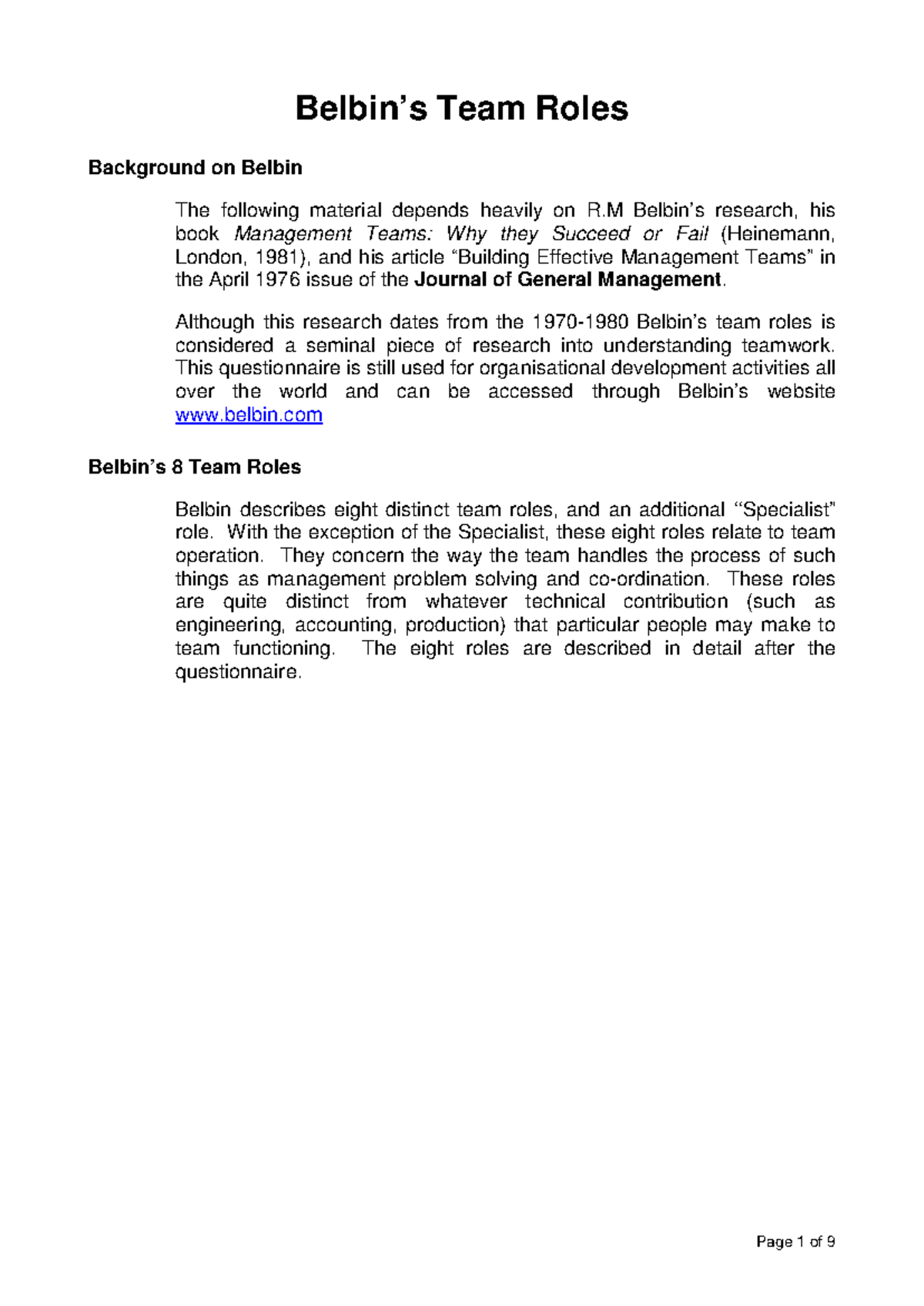 Belbins Team Roles Questionnaire Handout - Belbin’s Team Roles ...