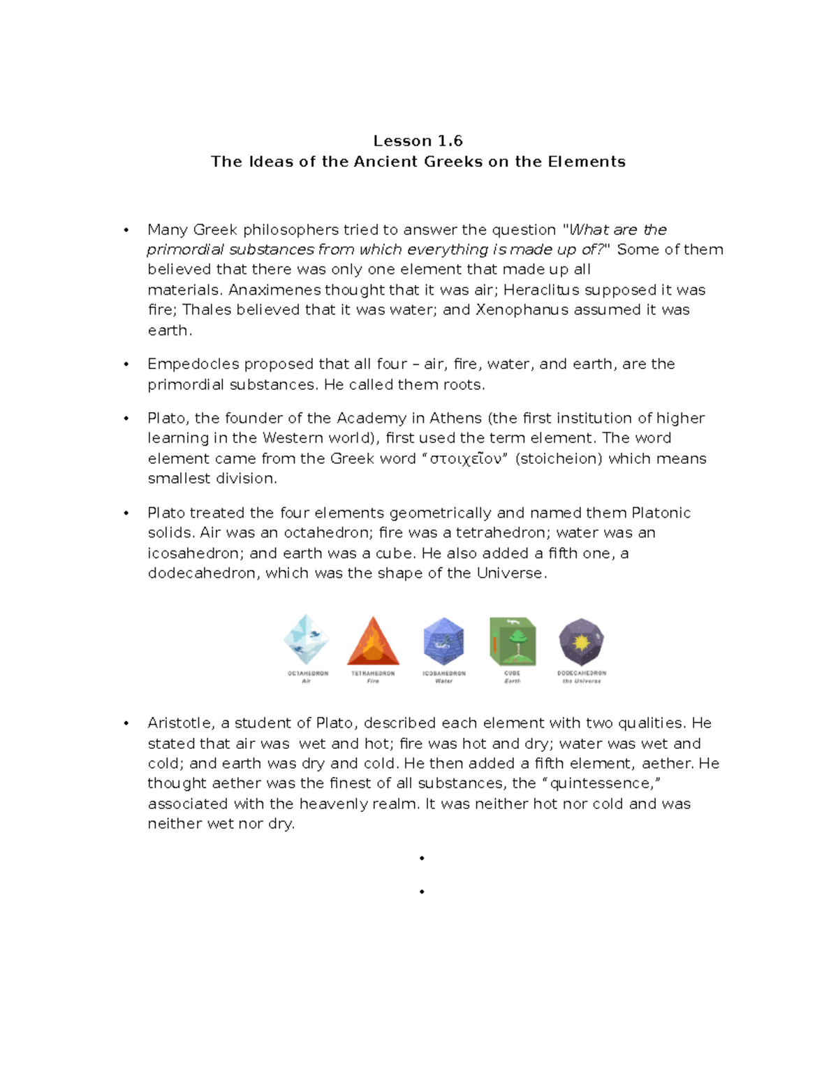 The Ideas of the Ancient Greeks on the Elements - Lesson 1. The Ideas of the Ancient Greeks on ...