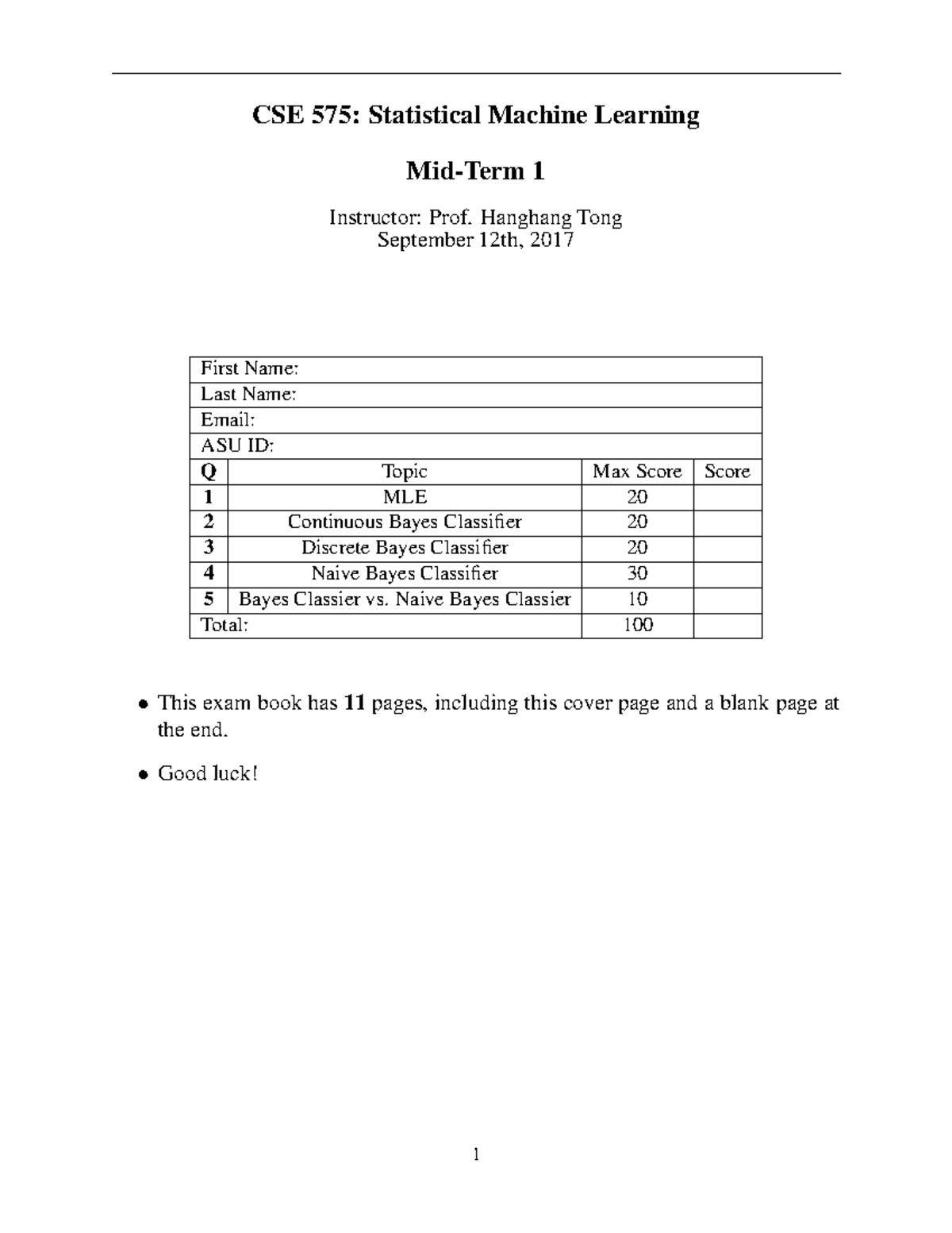 M1Sol - midterm 1 solution - CSE 575: Statistical Machine Learning Mid-Term 1 Instructor: Prof ...