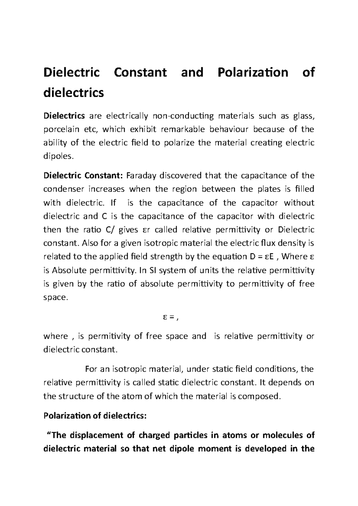 Dielectric Constant and Polarization of dielectrics - Dielectric ...