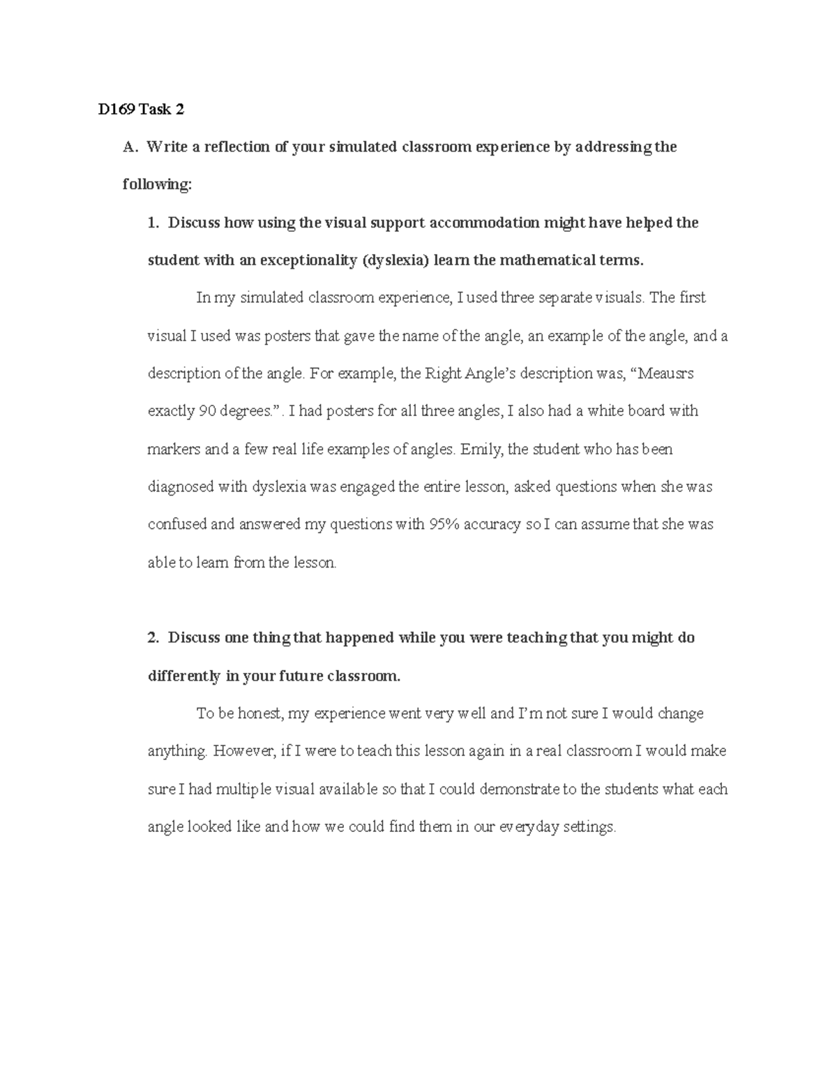 D169 Task 2 - pass - D169 Task 2 A. Write a reflection of your ...