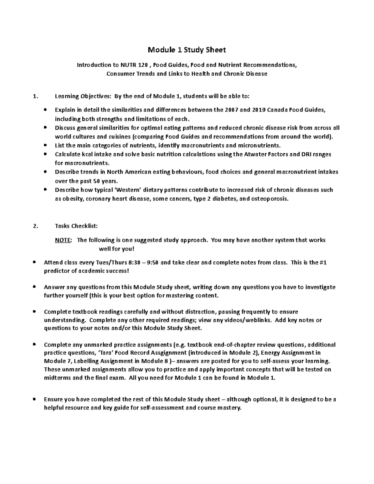 Study Sheet for Module 1 Nutrition 120 - Module 1 Study Sheet ...