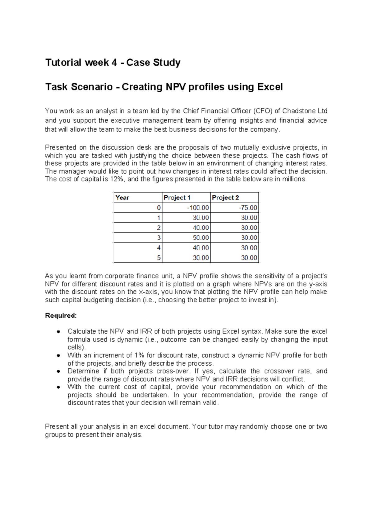 Week 4 Task Sheet - for Student - Tutorial week 4 - Case Study Task Scenario - Creating NPV ...