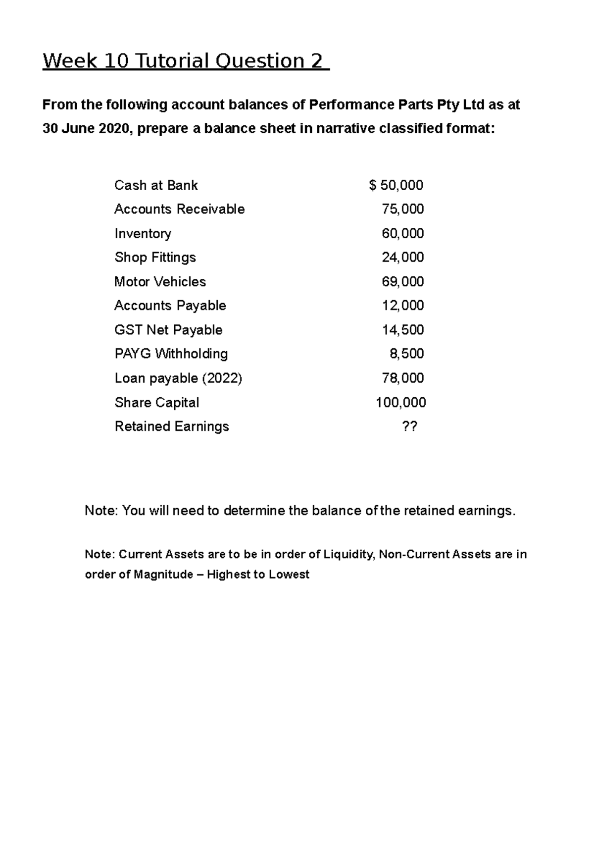 Week 10 Tutorial Question 2 Statement of Financial Position - Week 10 ...
