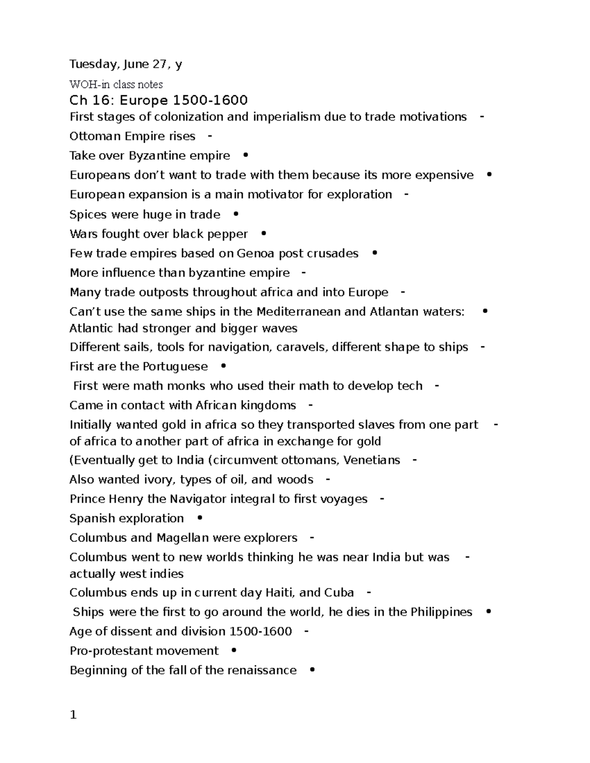 World History ch 16 notes - Tuesday, June 27, y WOH-in class notes Ch ...