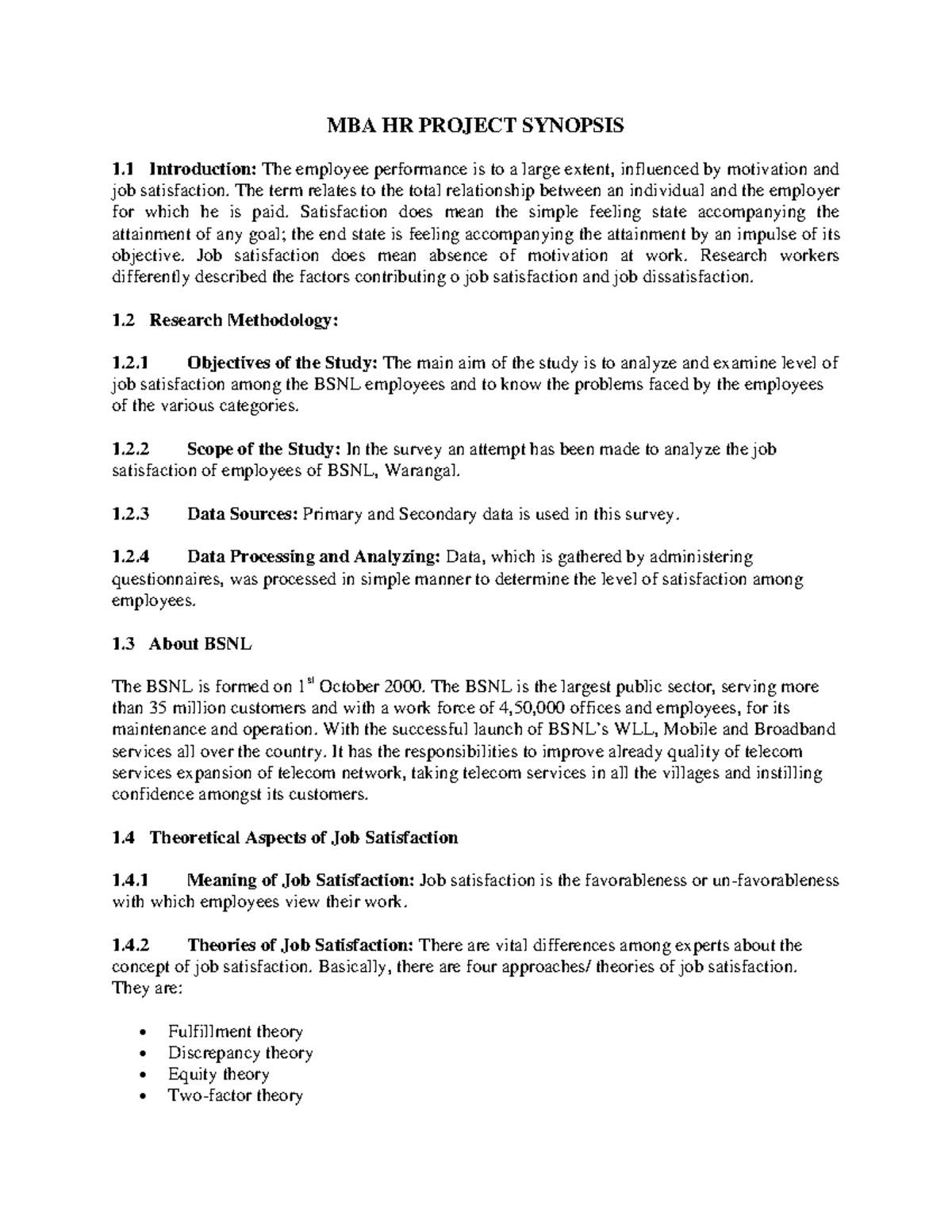 Synopsis-sample-hr - synopsis - MBA HR PROJECT SYNOPSIS 1 Introduction ...