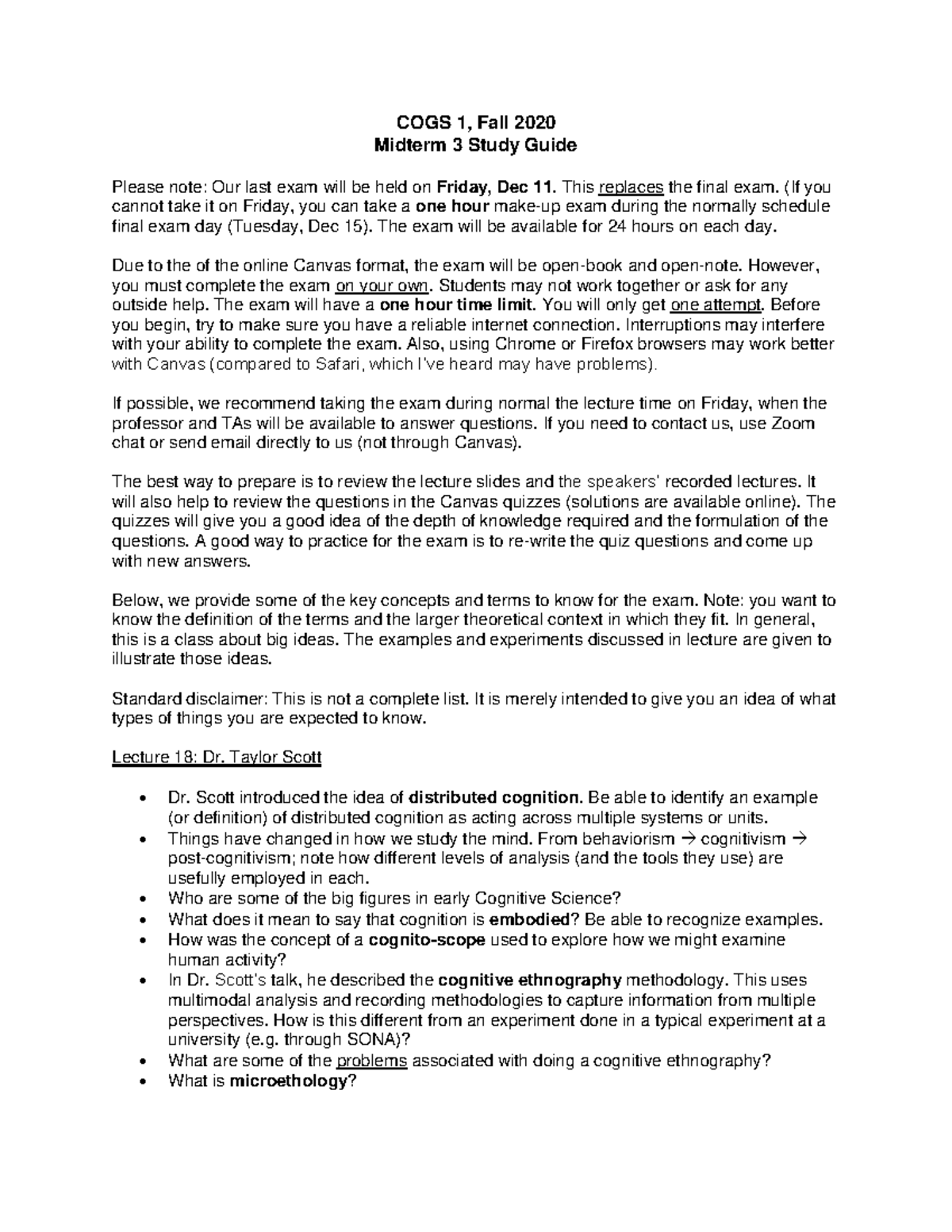 [COGS 1, FA20] Midterm 3 study guide - COGS 1, Fall 2020 Midterm 3 ...