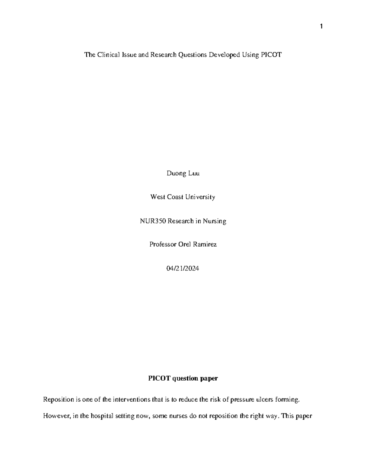 PICOT question assignment - The Clinical Issue and Research Questions ...