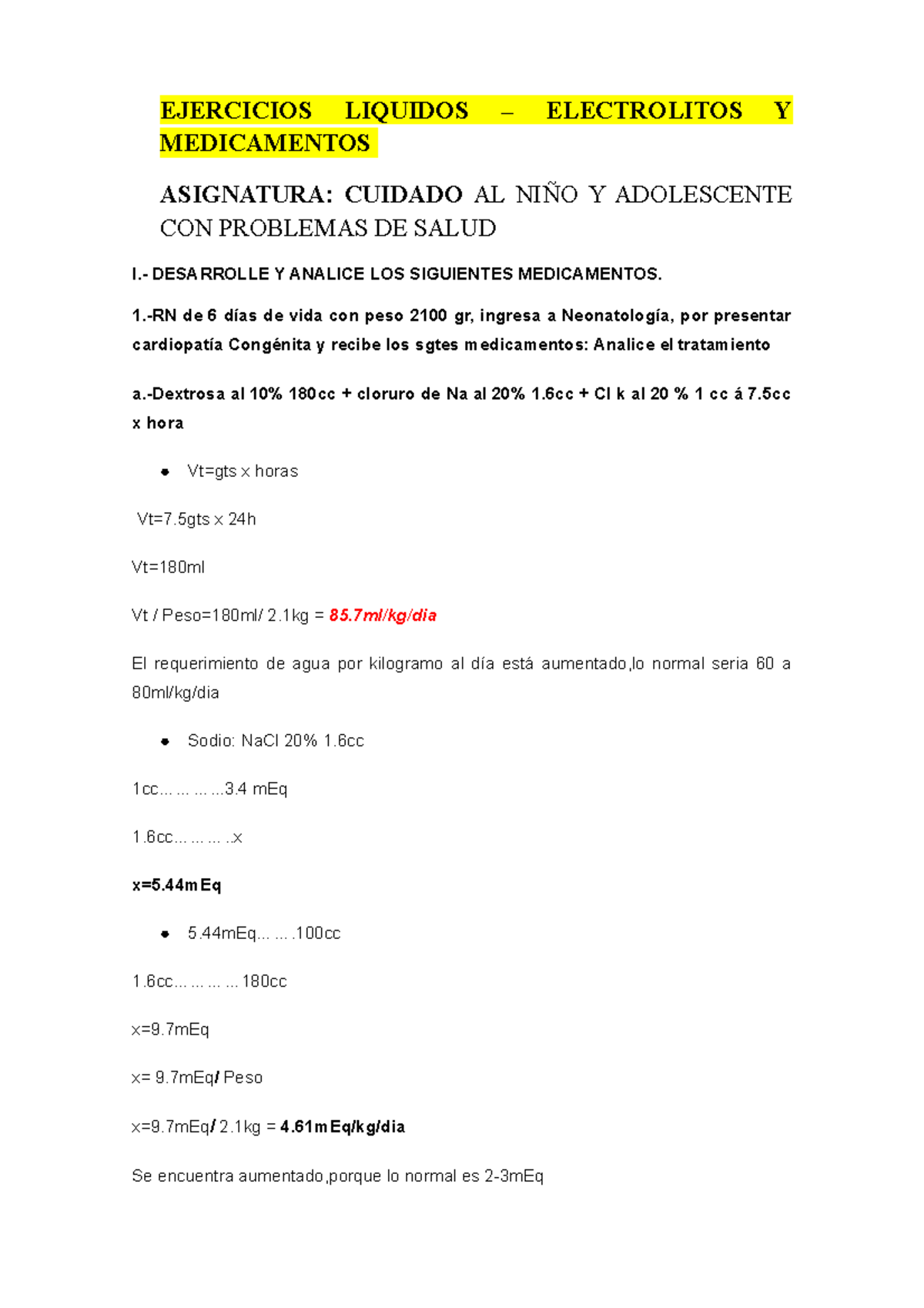 Ejercicios Liquidos, Electrolitos, BH. Medicamentos - EJERCICIOS LIQUIDOS – ELECTROLITOS Y - Studocu
