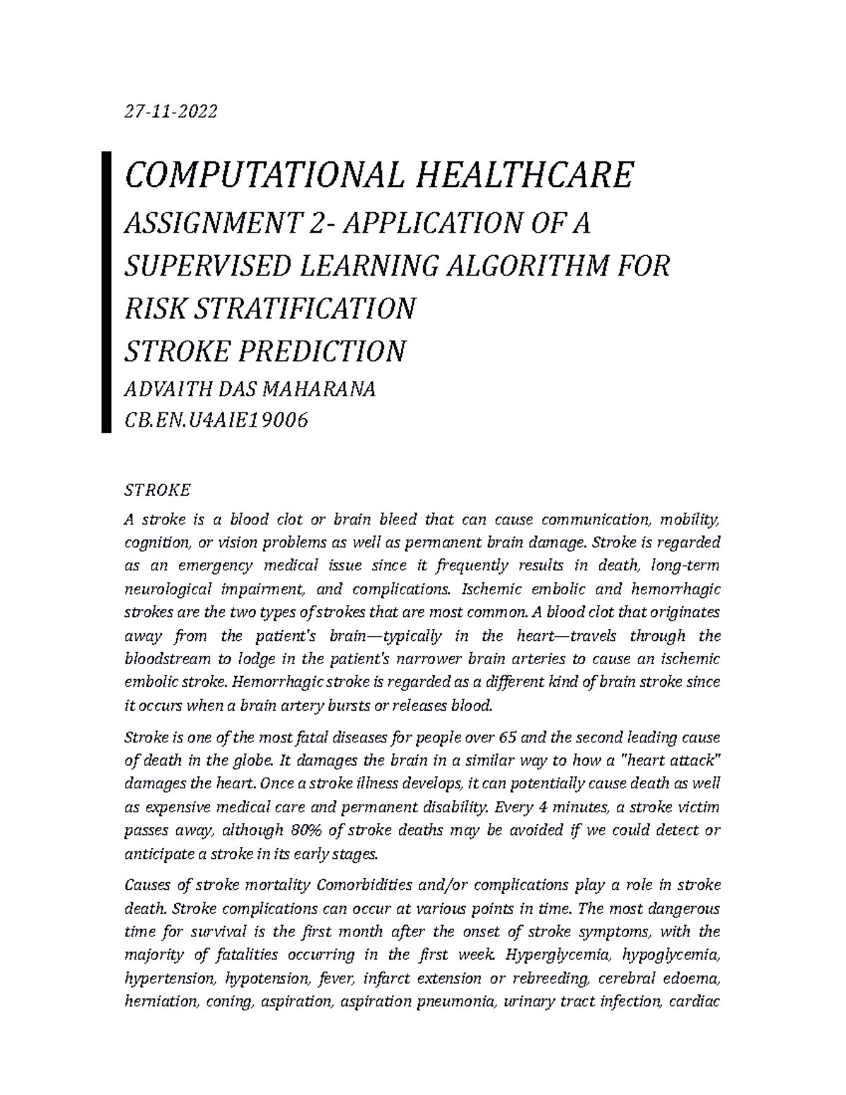 AIE19006 A2 - harishchandar - 27-11- COMPUTATIONAL HEALTHCARE ASSIGNMENT 2- APPLICATION OF A ...