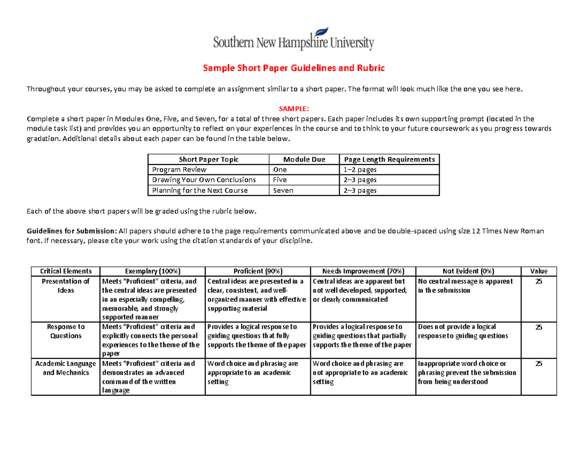 FYE 501 Sample Short Paper Rubric - Sample Short Paper Guidelines and ...