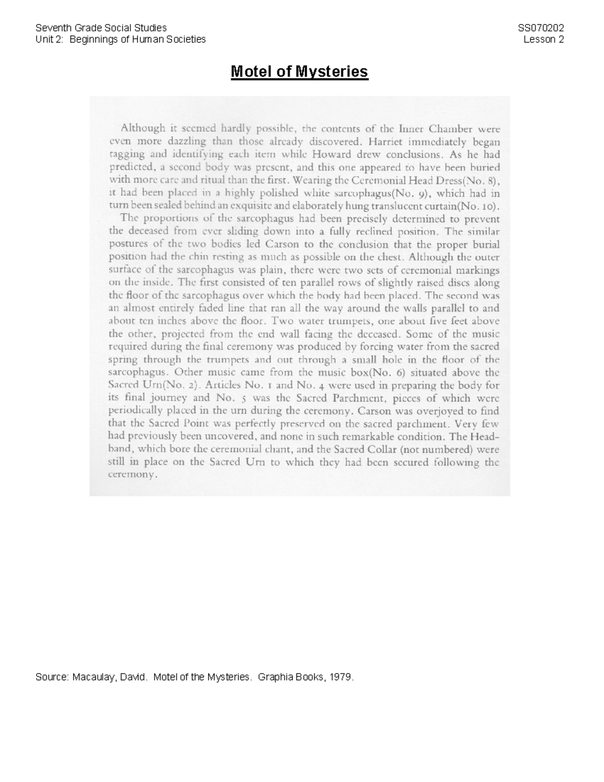 Motel of mysteries activity - Unit 2: Beginnings of Human Societies ...