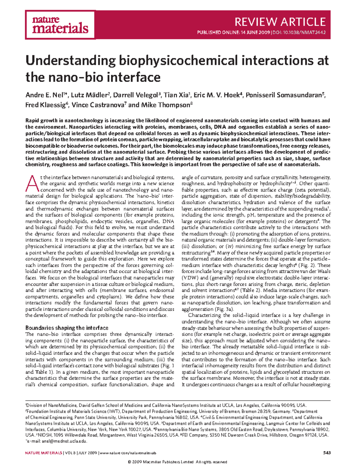 Understanding biophysicochemical interactions at the nano-bio interface ...