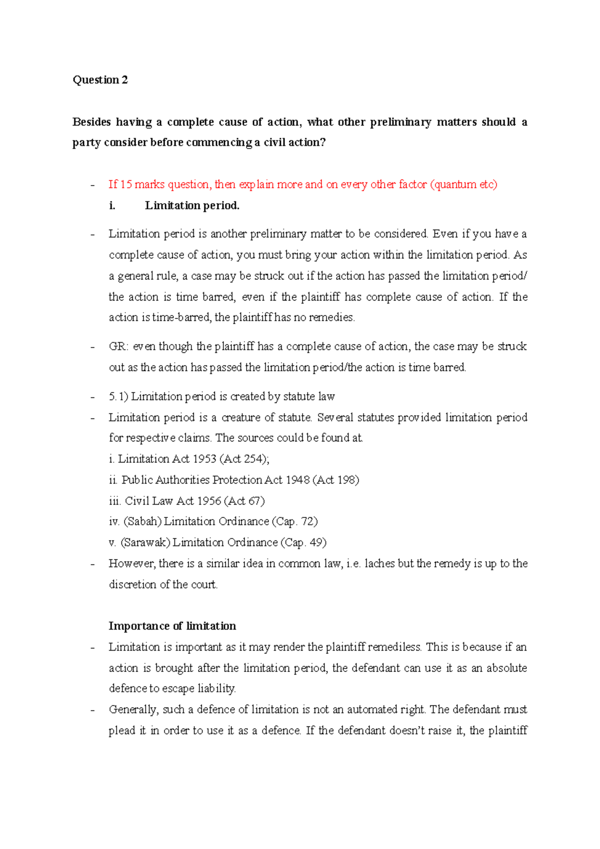 Civil Procedure Tutorial 1 Question 2 - Question 2 Besides having a complete cause of action ...