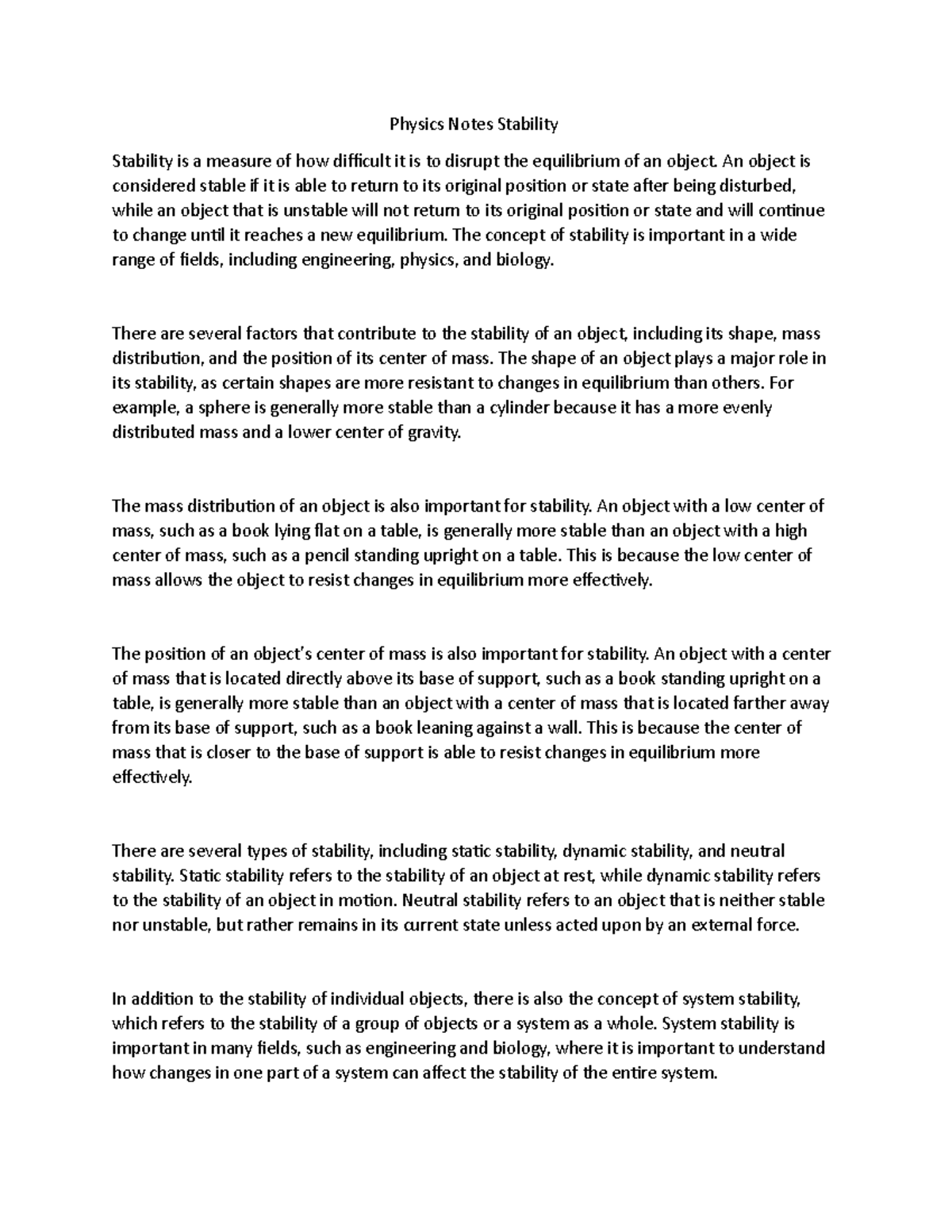 Physics Notes Stability - Physics Notes Stability Stability is a ...