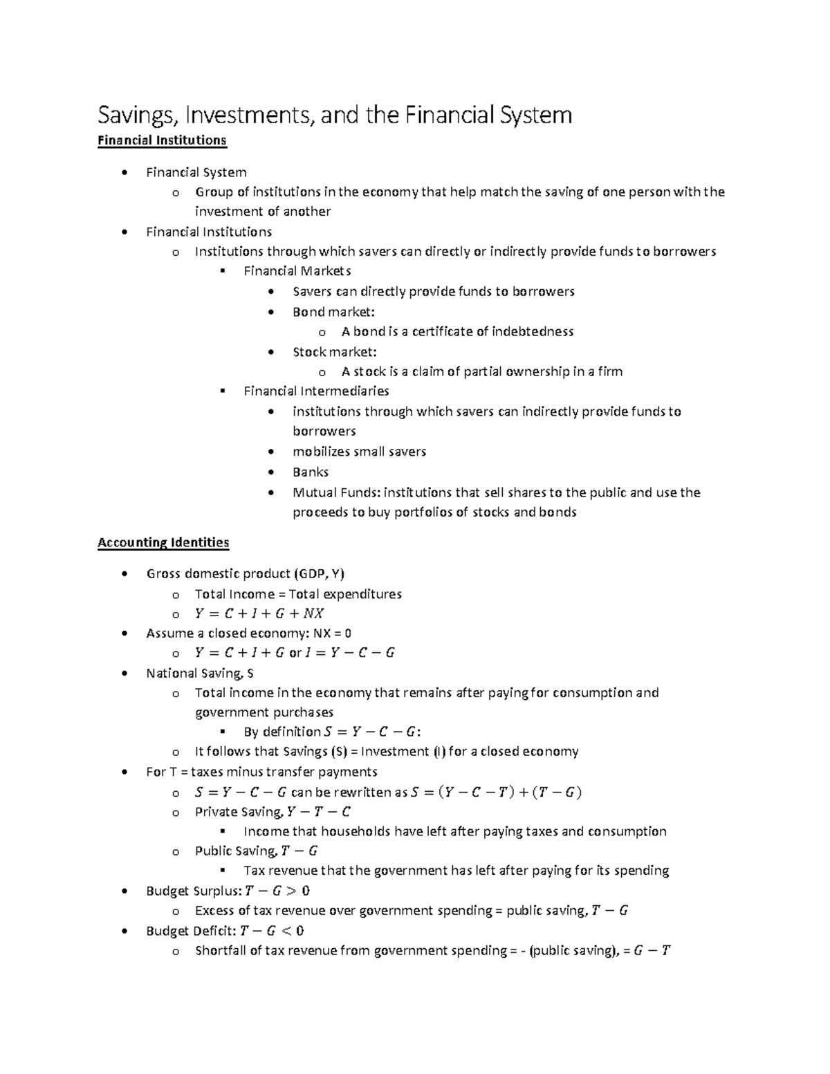 Econ 100.1 LE 2 Notes - Module 2 - Savings, Investments, and the ...