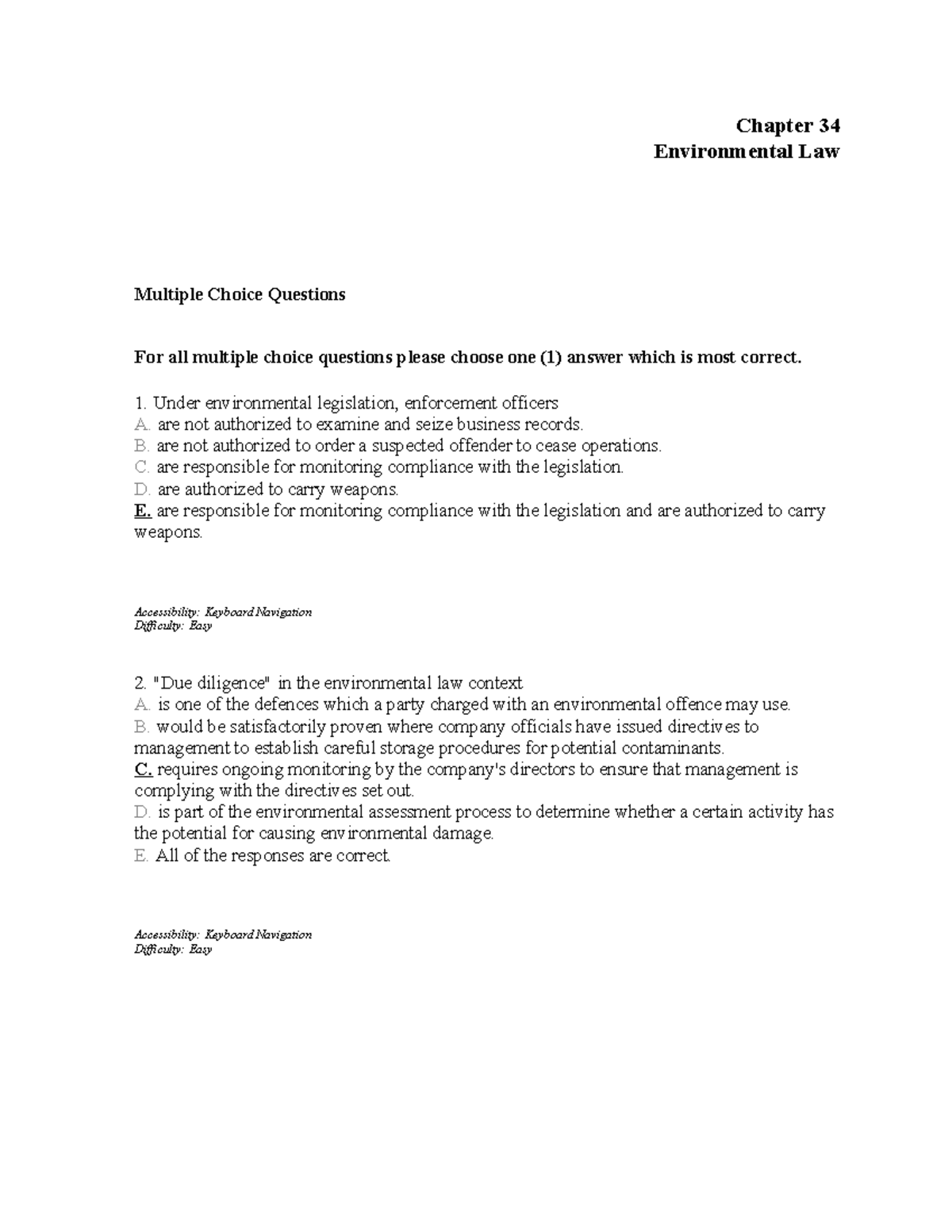 Willes 12e TB Chap034 - Brian - Chapter 34 Environmental Law Multiple ...