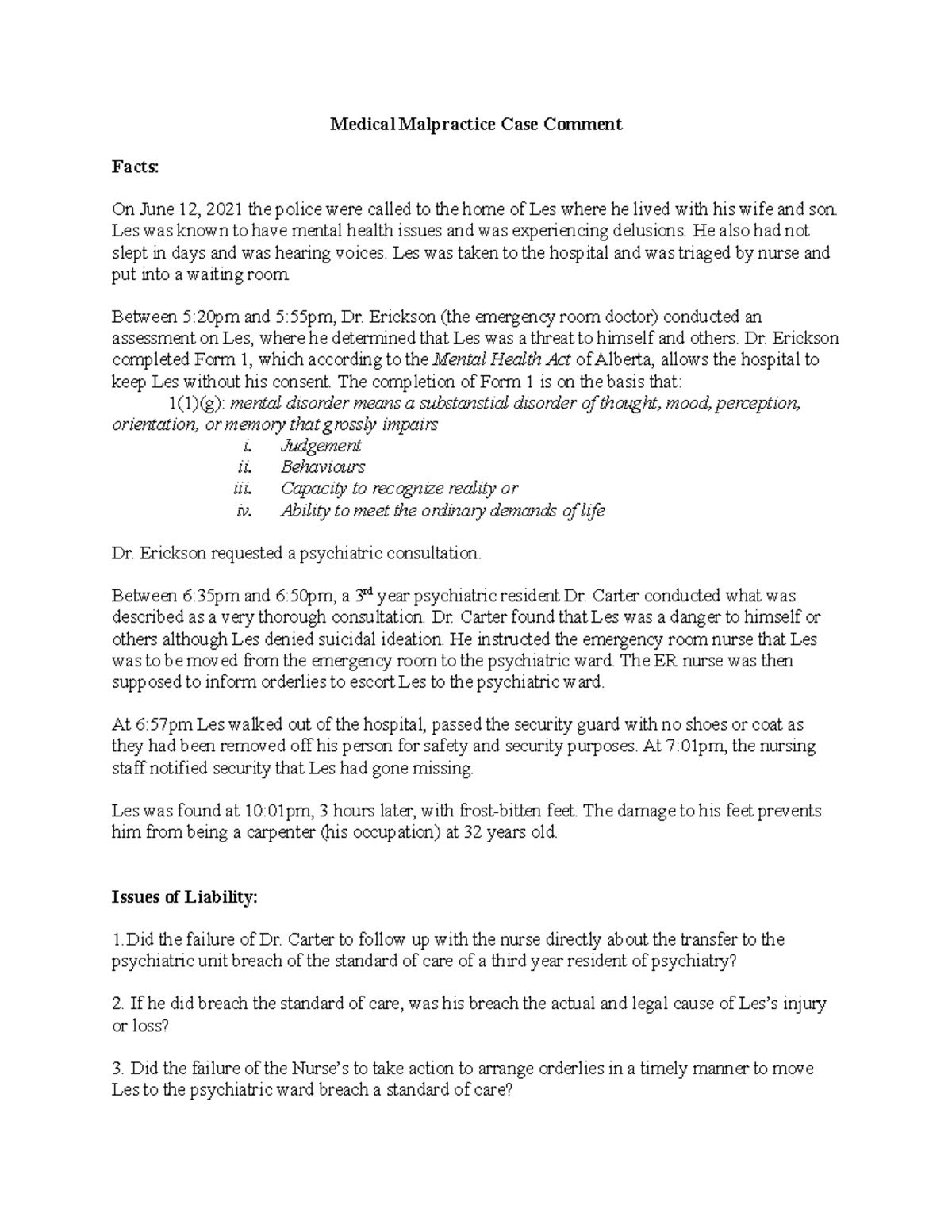 Medical Malpractice Case Comment Assignment - Law599 - UAlberta - Studocu