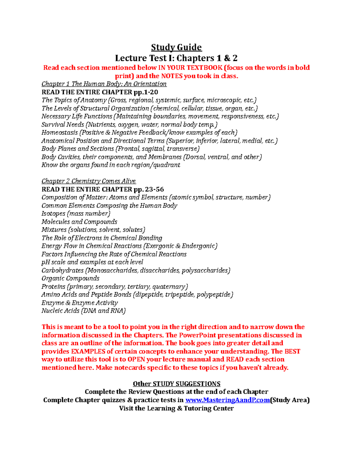 Course review guide - Study Guide Lecture Test I: Chapters 1 & 2 Read ...