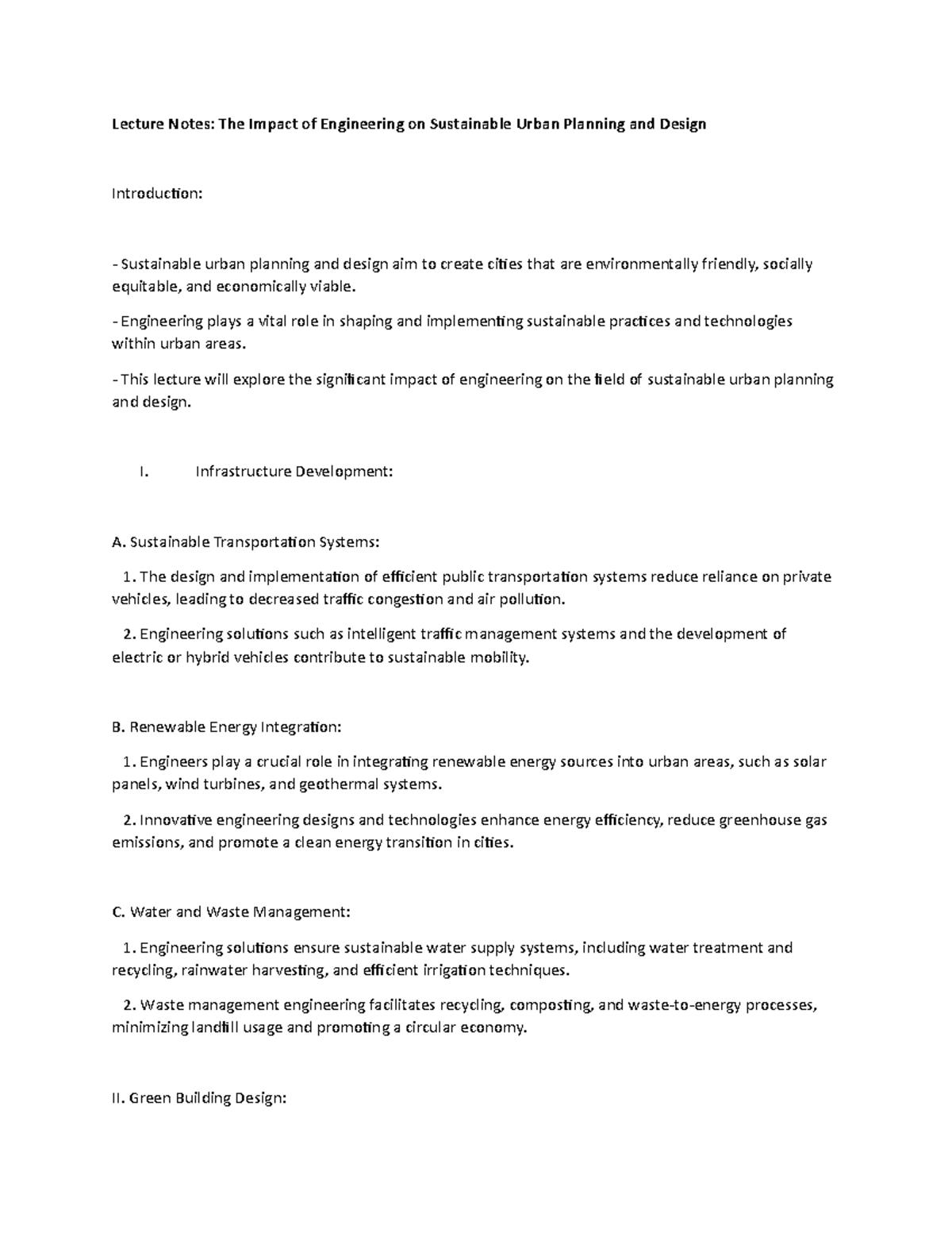 Lecture Notes: The Impact of Engineering on Sustainable Urban Planning ...