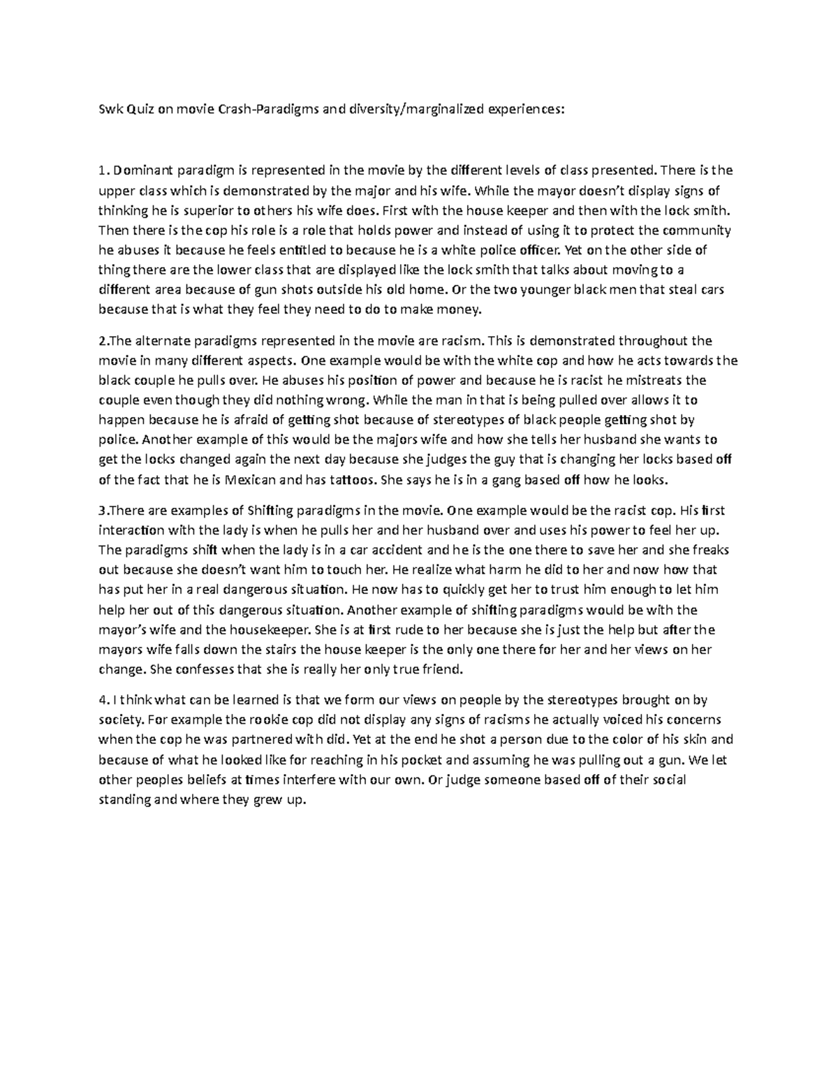 Quiz 2 Crash - Swk Quiz on movie Crash-Paradigms and diversity ...