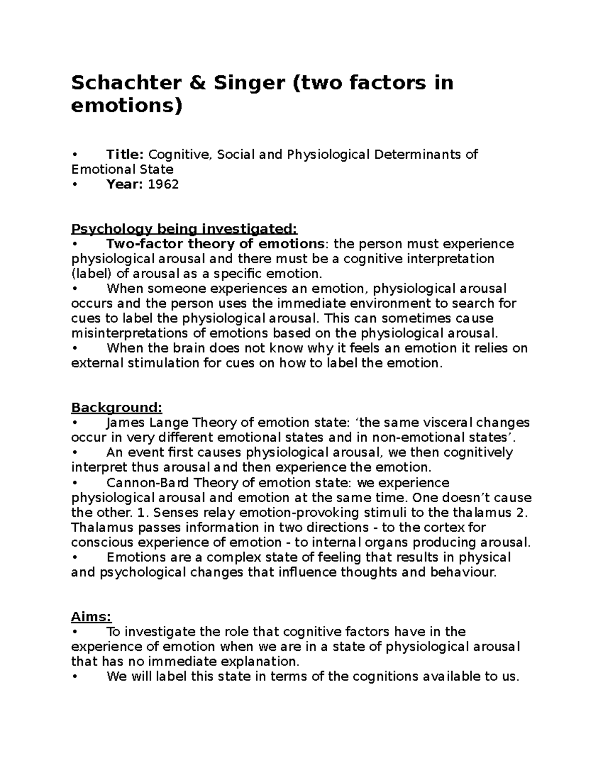Schachter & Singer (Two-factor theory of emotions) - Schachter & Singer ...