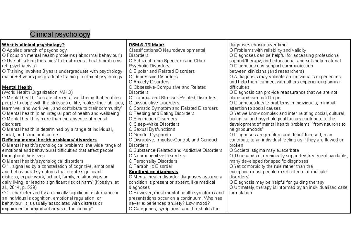Combined notes for quiz 2 psych - Clinical psychology What is clinical ...