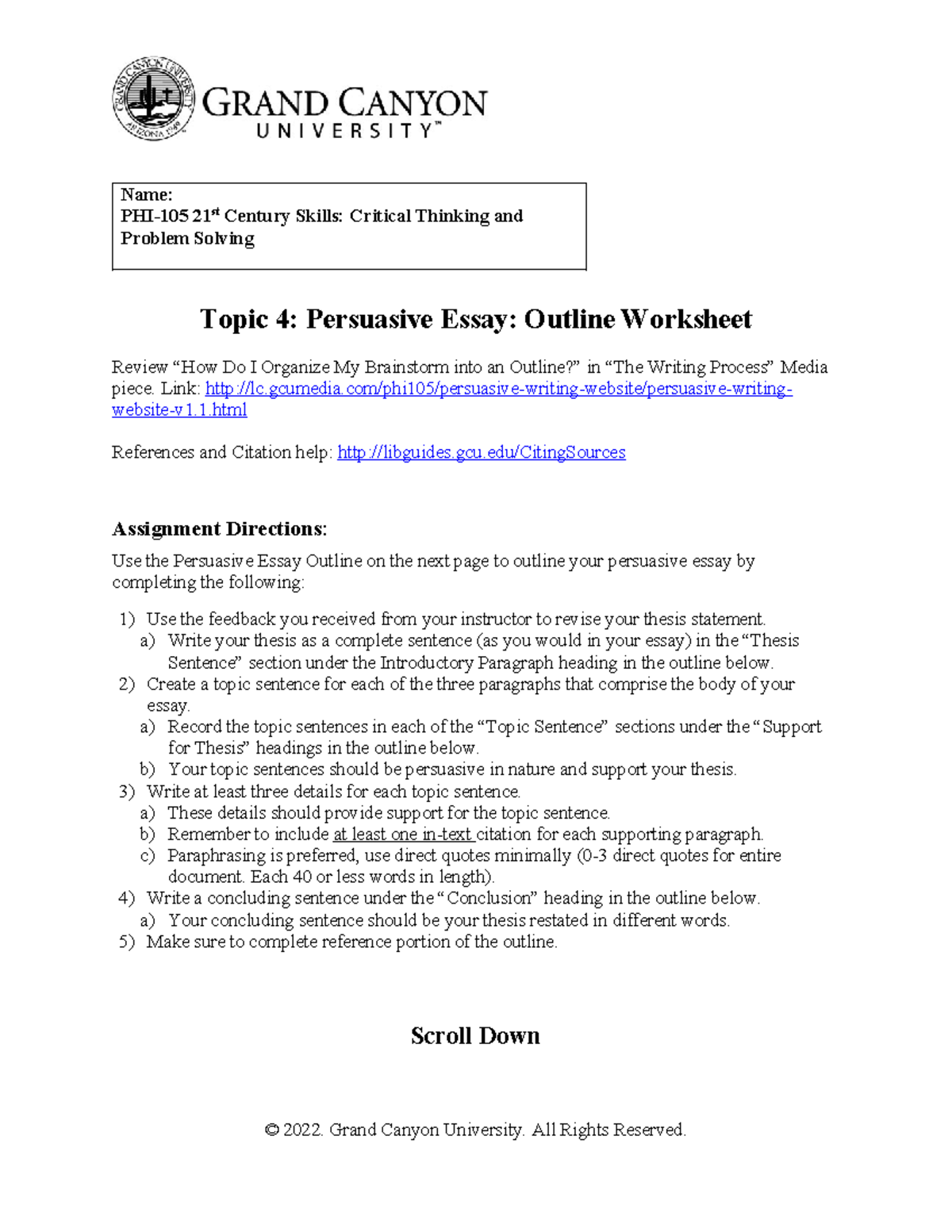 T4 Outline Worksheet Persuasive Essay Planning - Name: PHI-105 21st ...