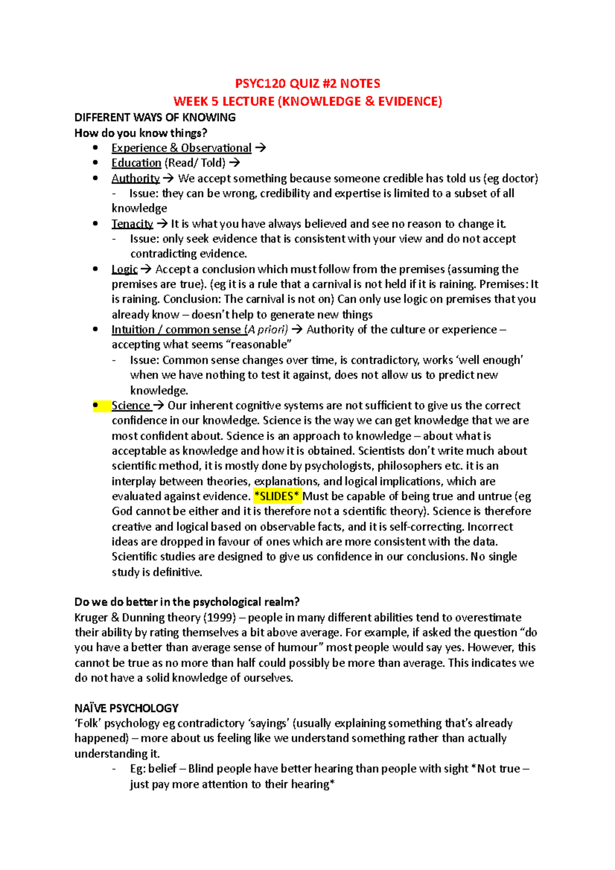 PSYC120 QUIZ 2 Notes - PSYC120 QUIZ #2 NOTES WEEK 5 LECTURE (KNOWLEDGE ...