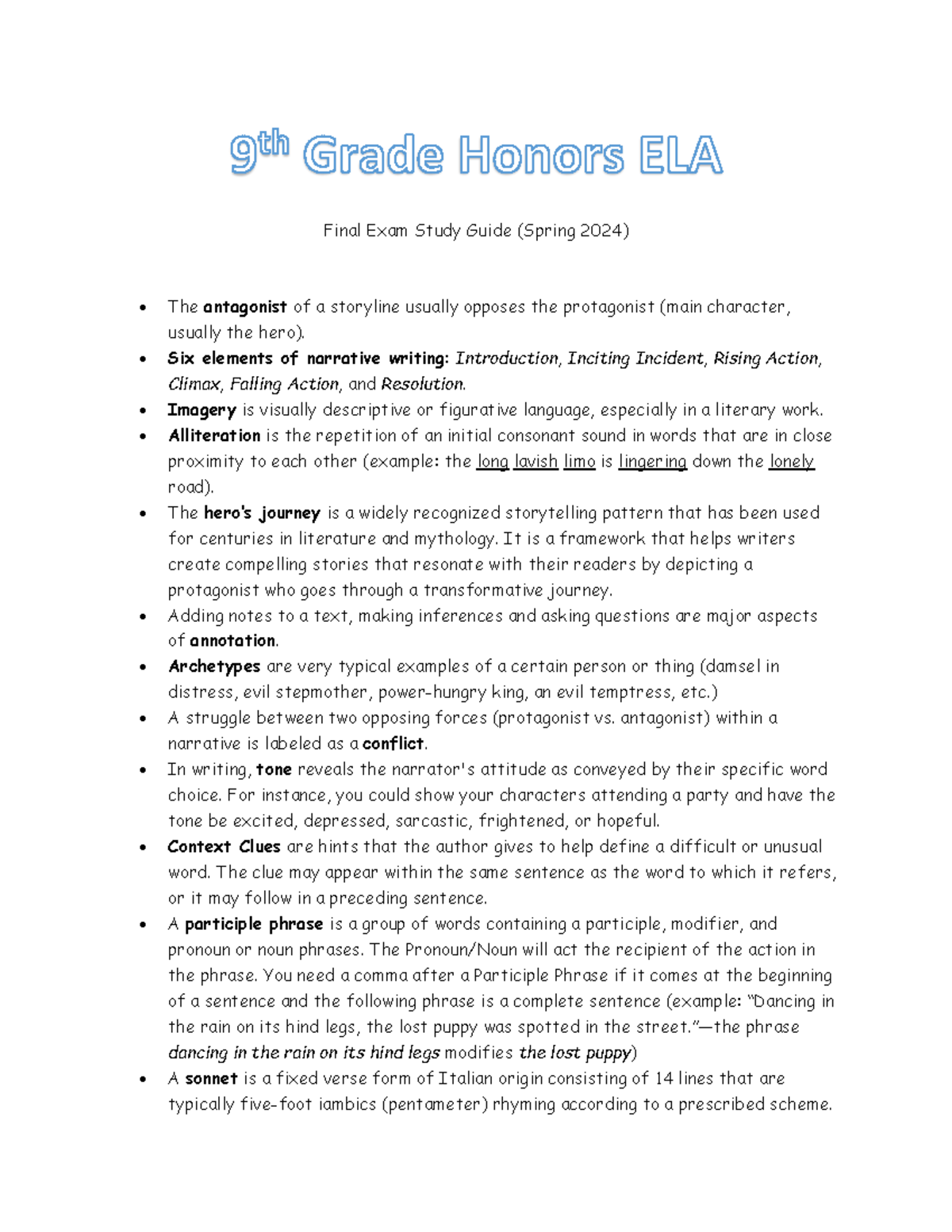Final Exam Study Guide for 9th Grade Honors ELA - Spring 2024 - Final Exam Study Guide (Spring ...
