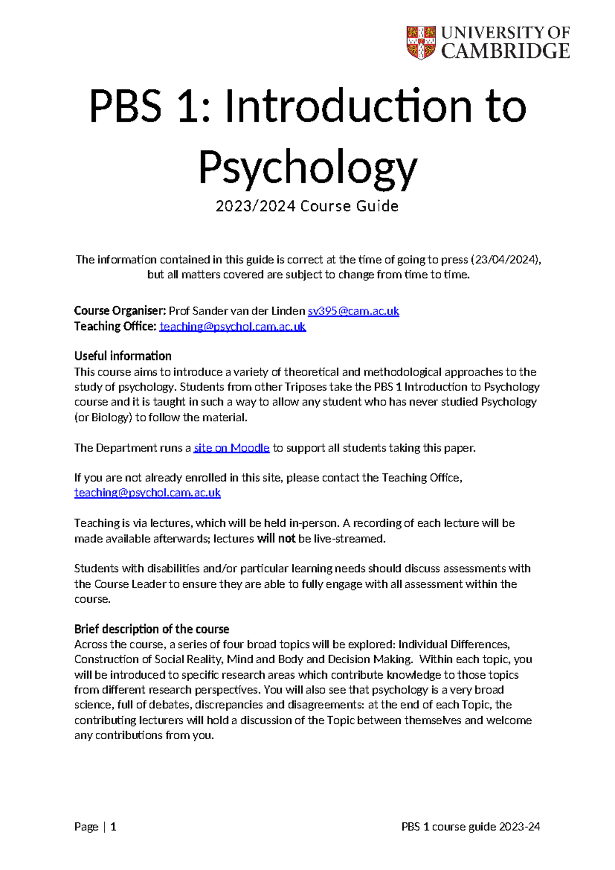 PBS 1 paper guide 2023-24 v.06 - PBS 1: Introduction to Psychology 2023 ...