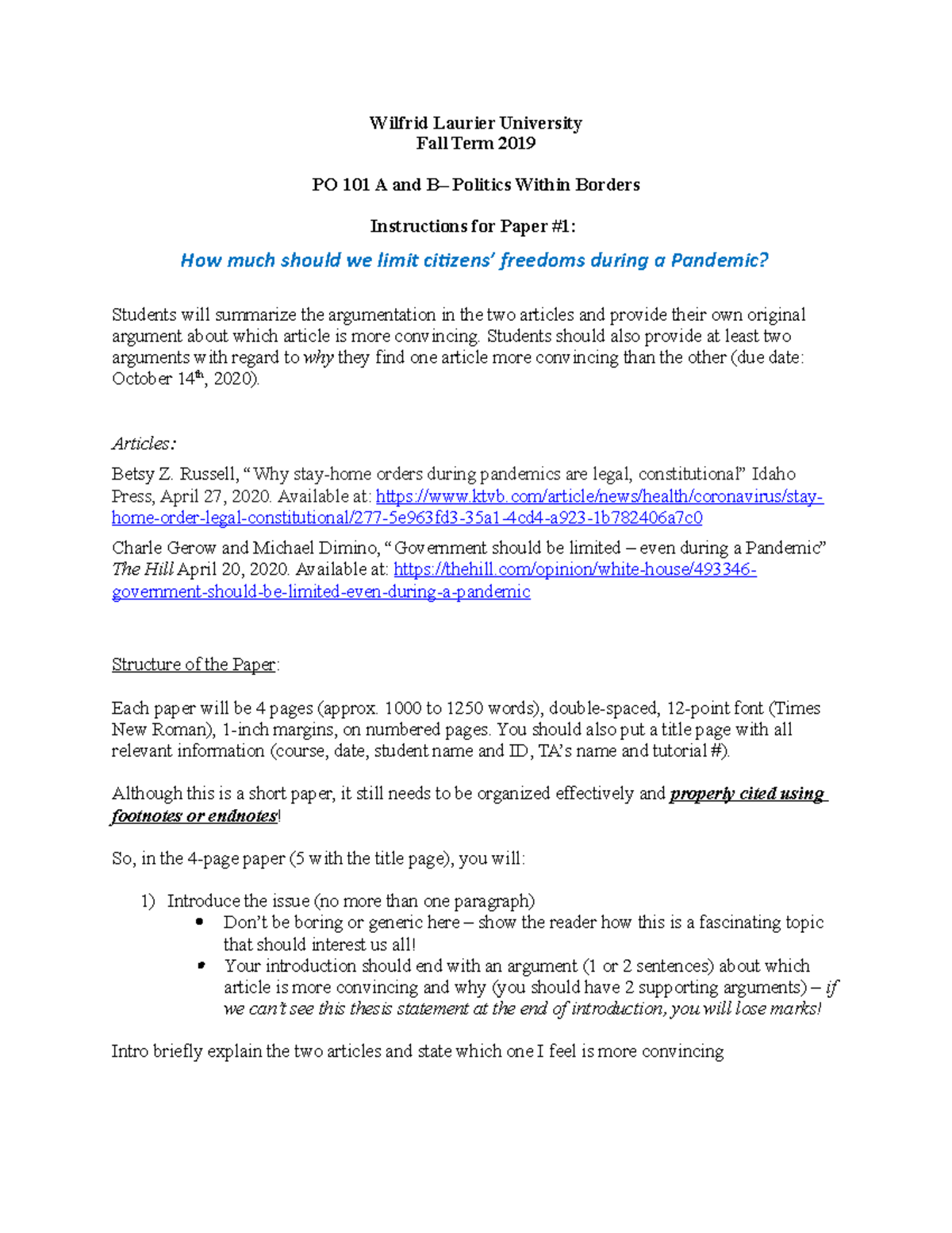 Paper #1 Instructions PO101 - Wilfrid Laurier University Fall Term 2019 ...