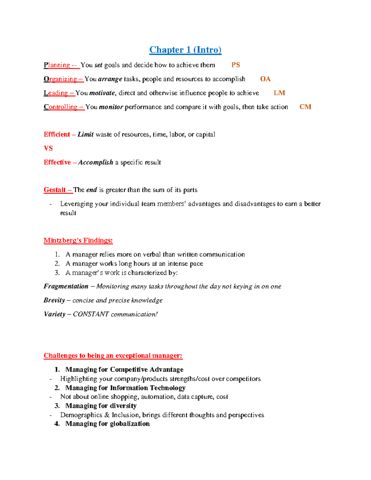 Management Semester Study Guide P1 - Chapter 1 (Intro) Planning - You ...