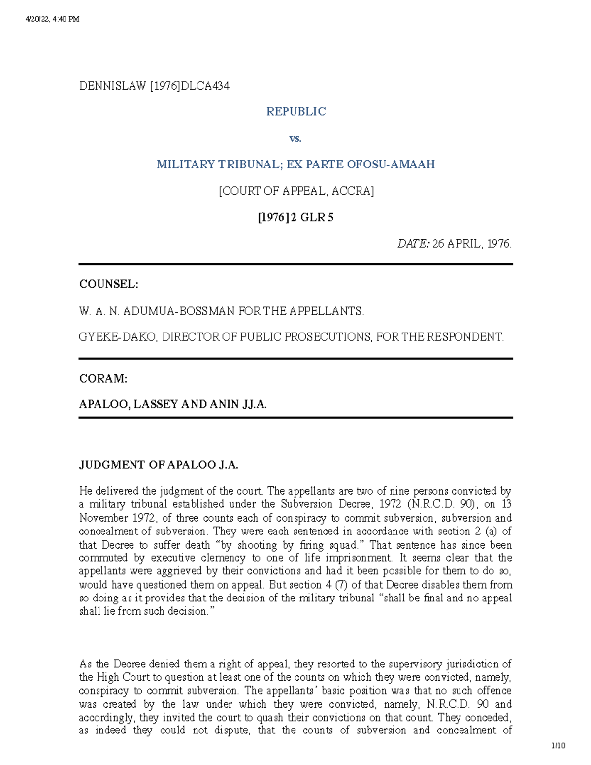 Ex Parte Ofosu Amaah - Cases for Criminal Law - DENNISLAW [1976]DLCA ...