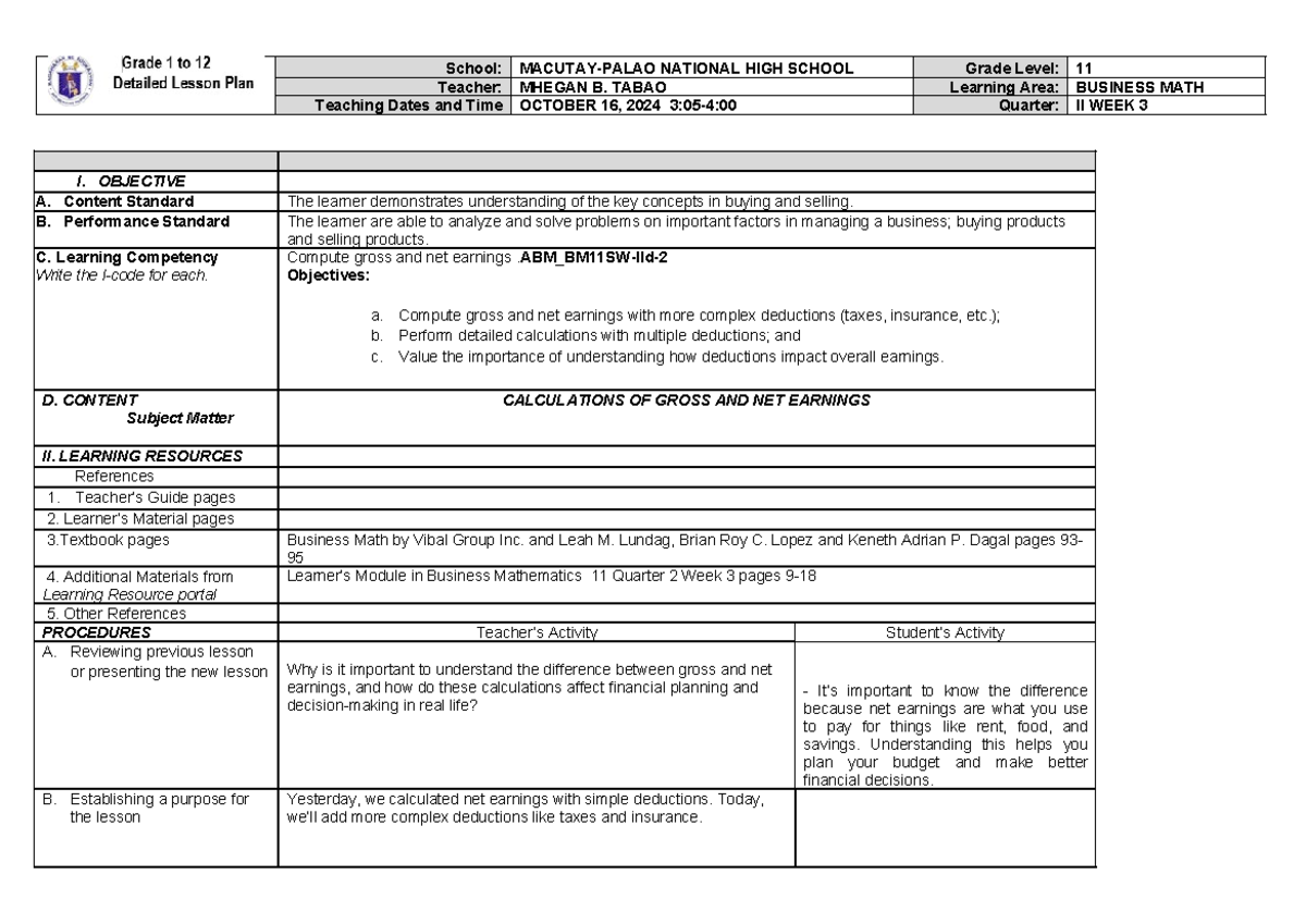 Busmath q2d11 week 3 - Detailed lesson Plan in ABM BUSINESS Math ...
