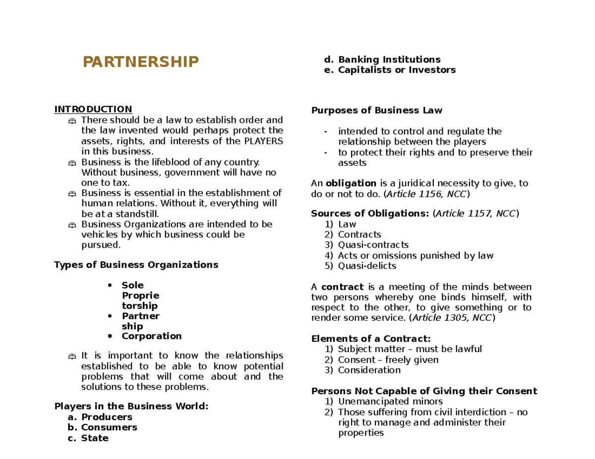 Topic 1 - Partnership - PARTNERSHIP INTRODUCTION There should be a law ...