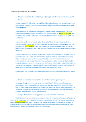 TUTO TORT (interference with goods) - Tort Law I - Studocu
