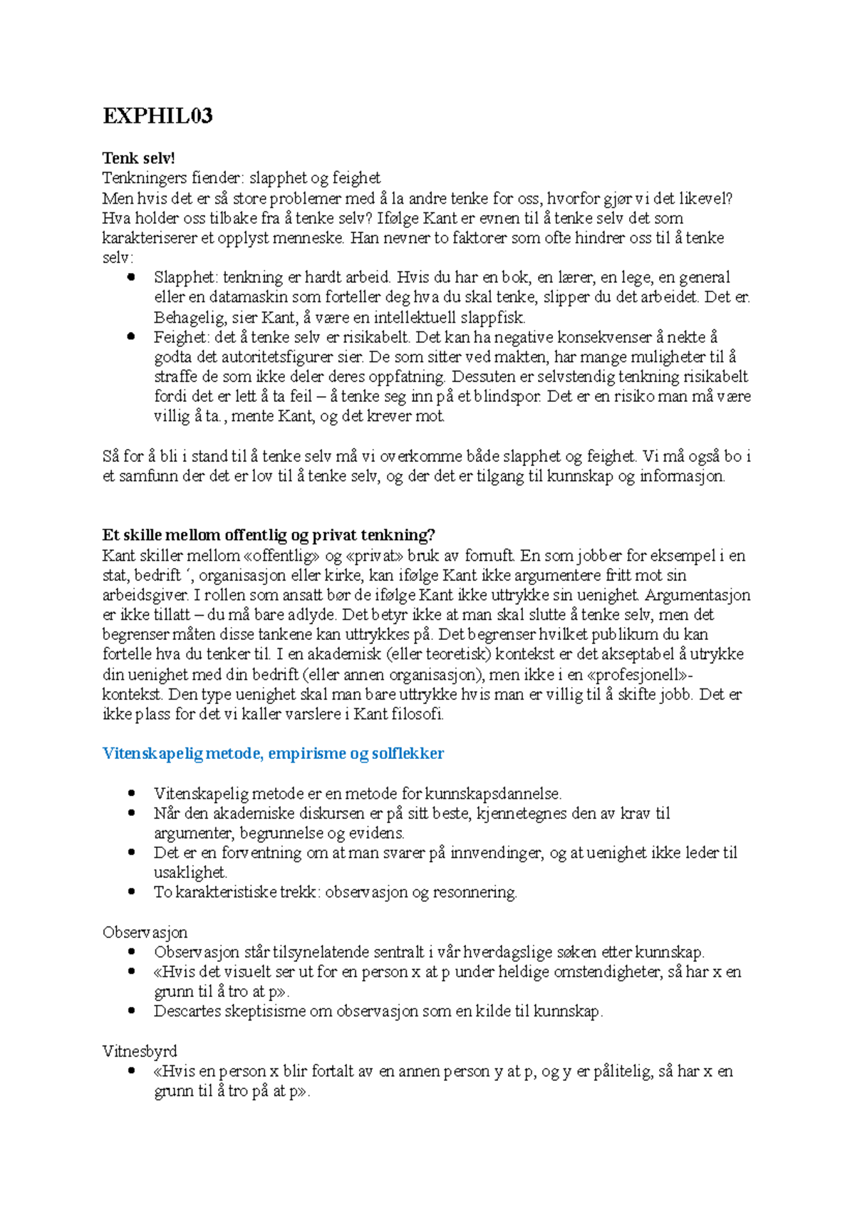Exphil 03 - Samlet notater for eksamen fra forelesninger og egne notater - EXPHIL Tenk selv ...
