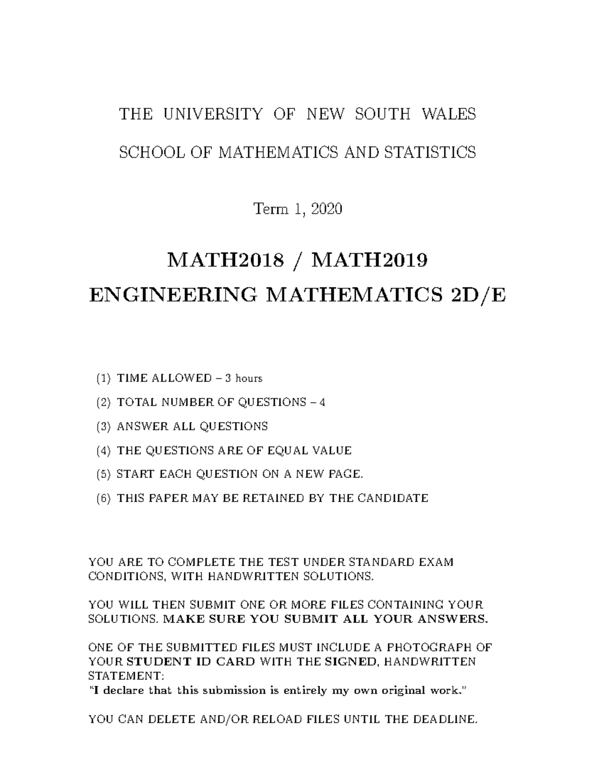 MATH2018 2019 EXAM T1 2020 online - THE UNIVERSITY OF NEW SOUTH WALES SCHOOL OF MATHEMATICS AND ...