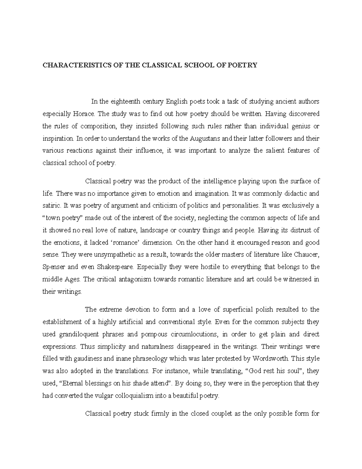 Characteristics OF Classical Poetry - CHARACTERISTICS OF THE CLASSICAL ...