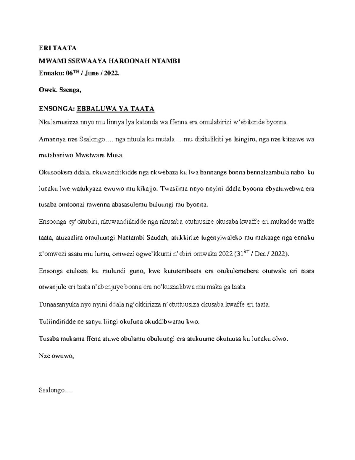 Ebbaluwa ya taata - A sample letter summarizing the art of writing to ...