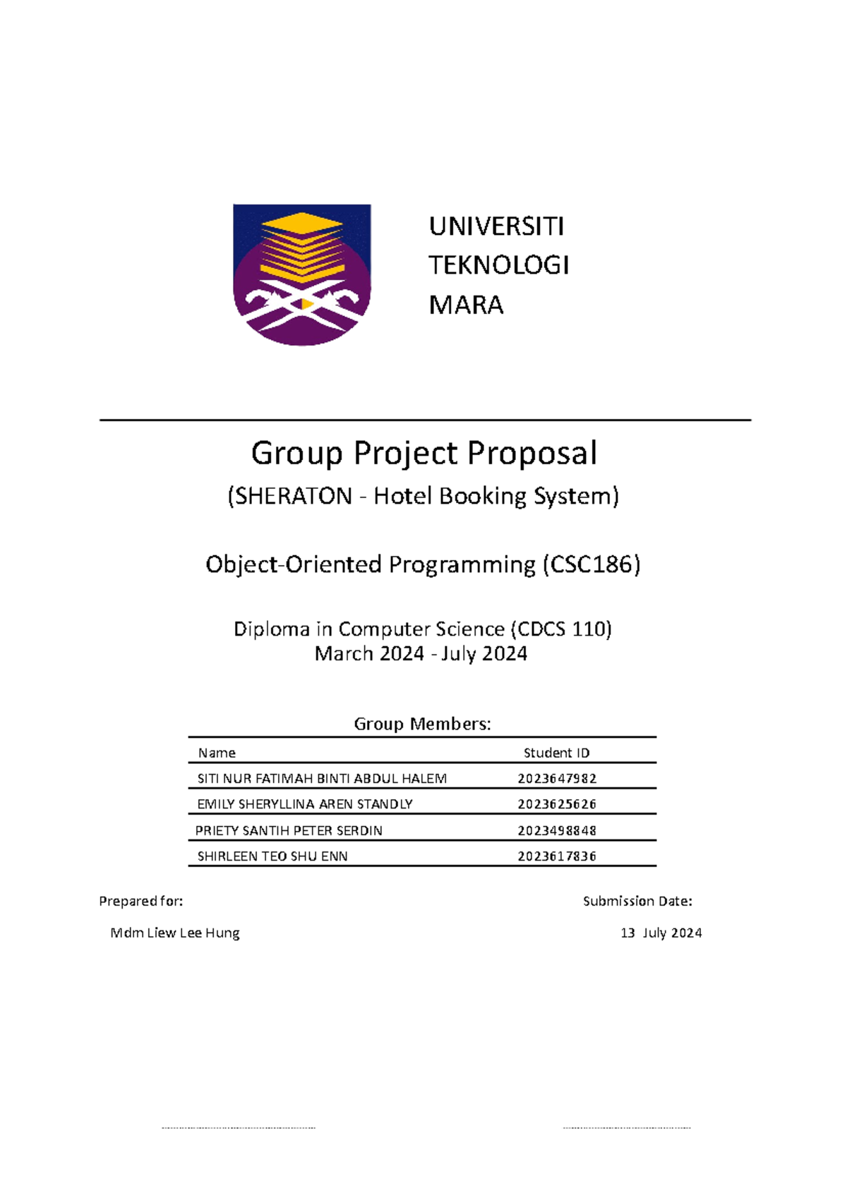 CSC186 Hotelbookingsystem(Project Proposal) - UNIVERSITI TEKNOLOGI MARA Group Project Proposal ...